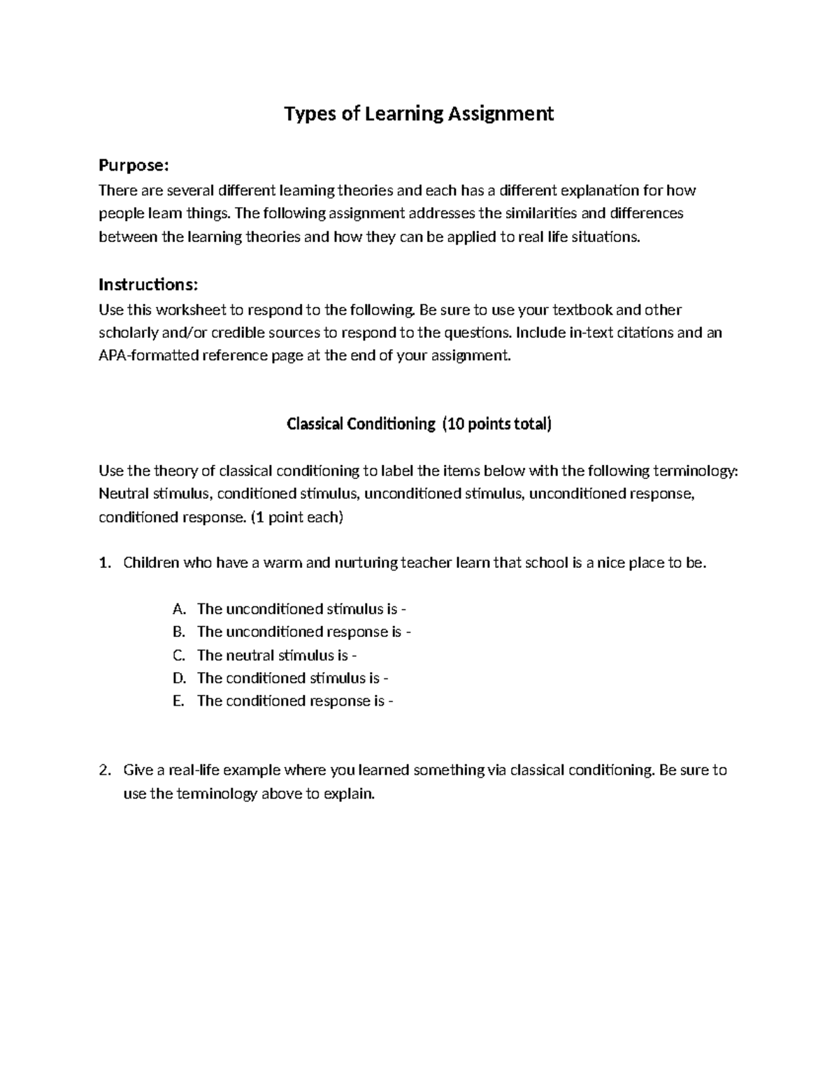 Types of Learning Theories Worksheet Assignment - Studocu