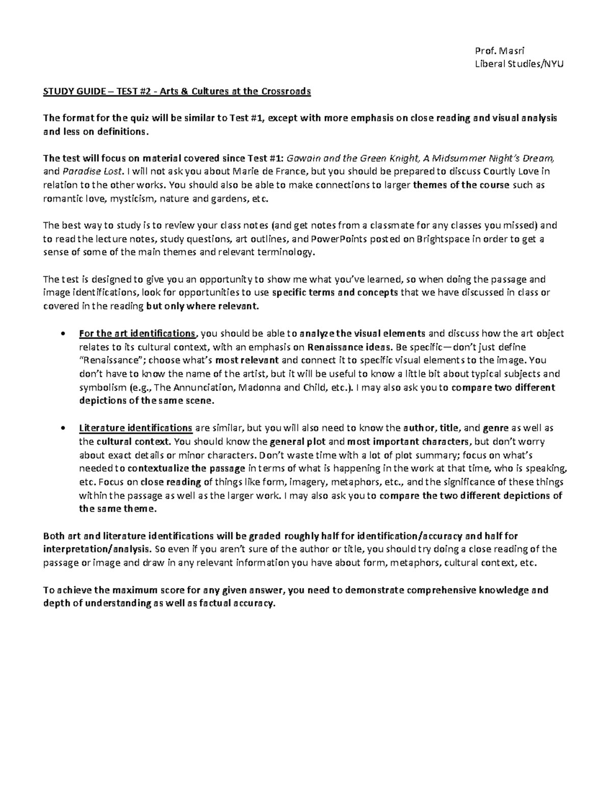 Study Guide for Test #2 - ACC 2026: Arts & Cultures Analysis - Studocu