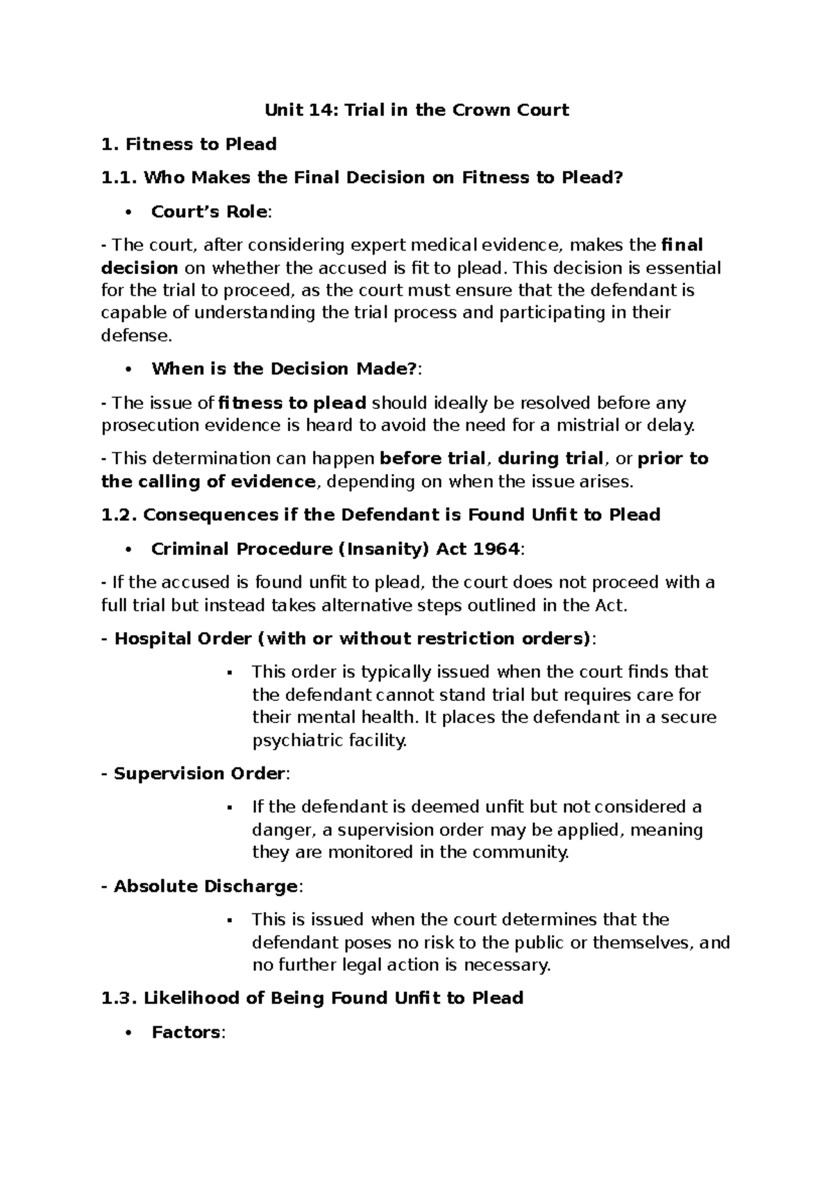 Unit 14: Crown Court Trial - Fitness to Plead and Procedures - Studocu