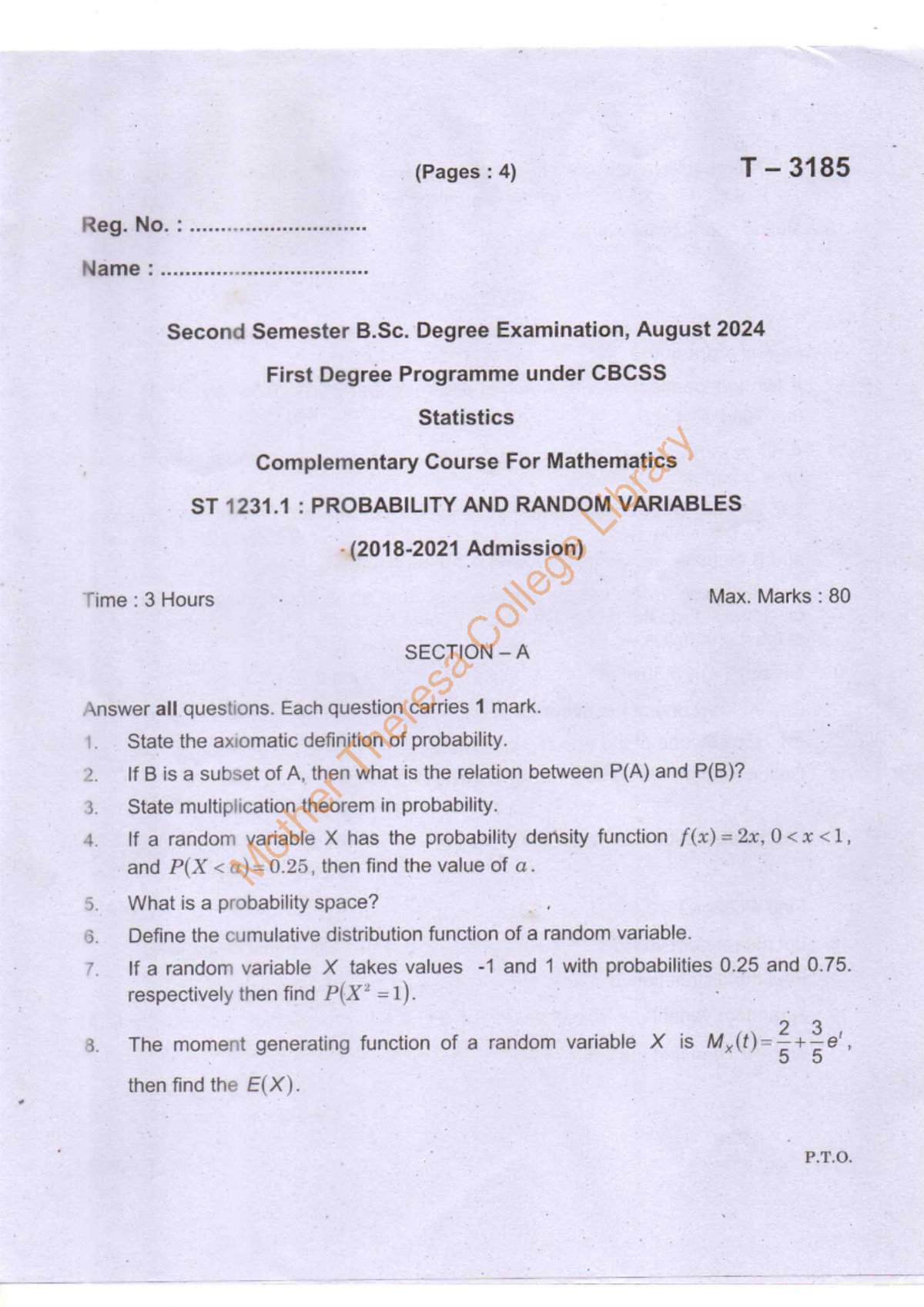 Probability and Random Variables ST 1231.1 T-3185 - History of English ...