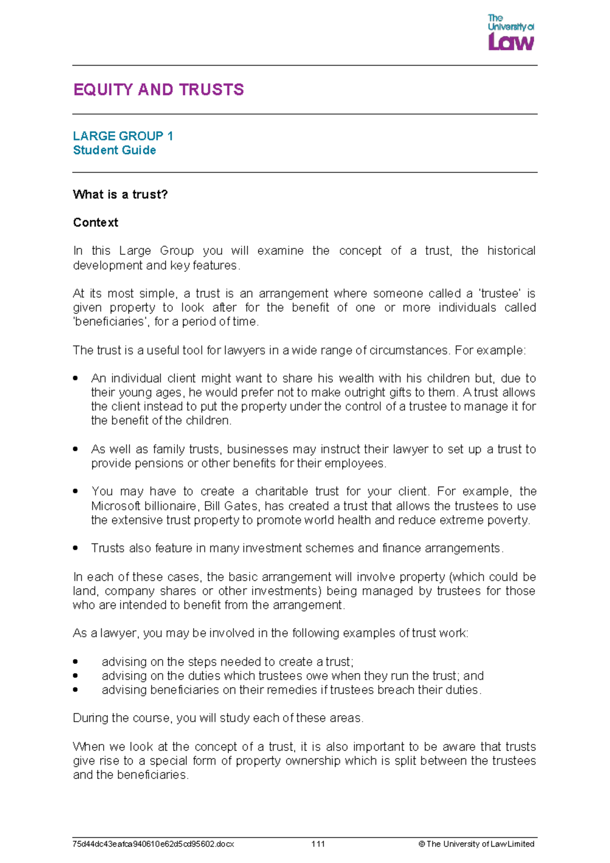 EQUITY AND TRUSTS (EQTR LG01) Large Group 1 Student Guide - Studocu