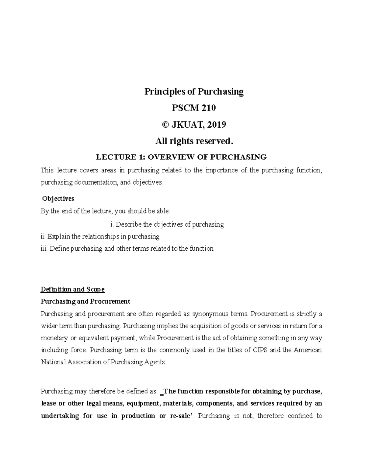 Principles of Purchasing Lecture Notes - PSCM 210 JKUAT - Studocu