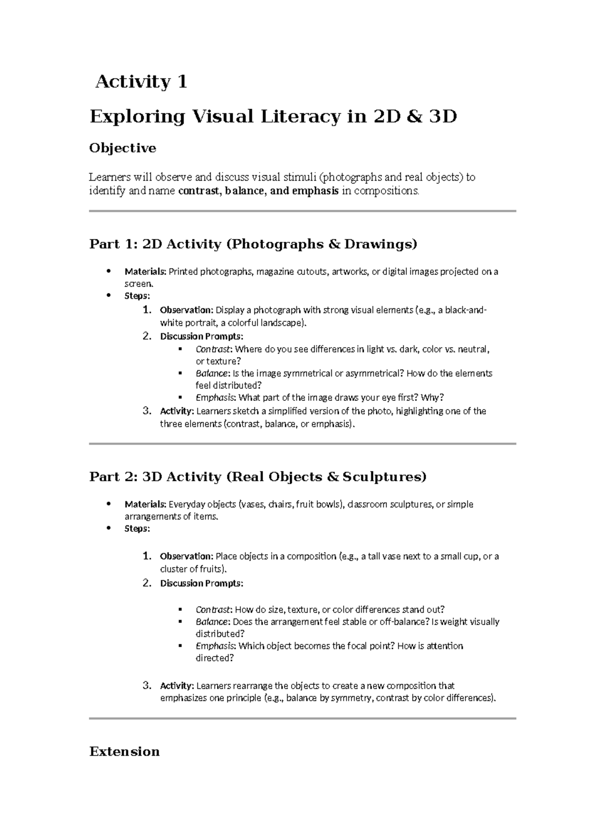 CA Activities Term 1 - Creative Arts: Exploring Visual Literacy in 2D ...