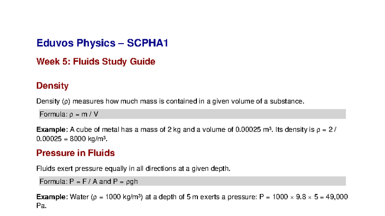 Eduvos Physics SCPHA1 Week 5: Fluids Study Guide & Practice - Studocu