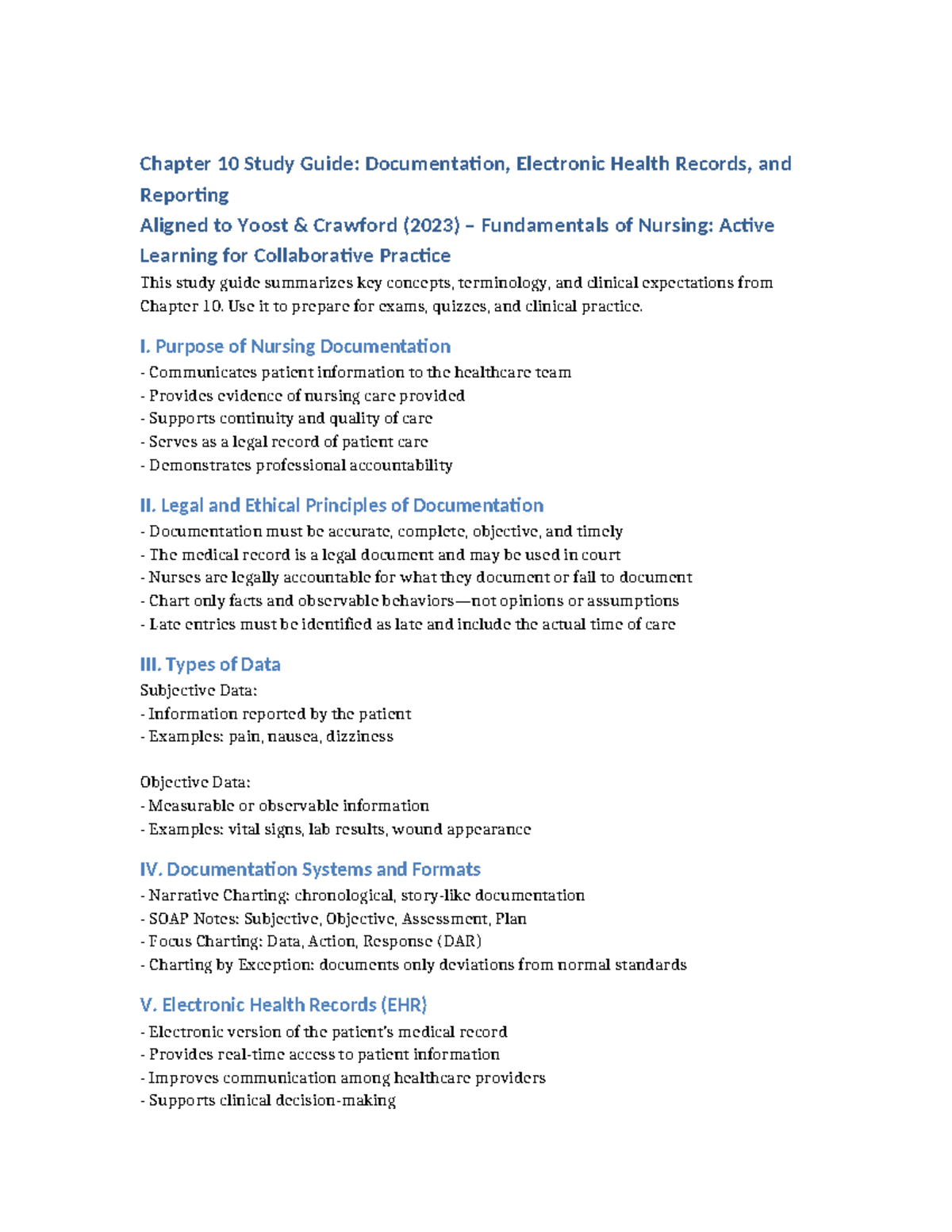 Chapter 10 Study Guide: Documentation & EHR in Nursing (Yoost) - Studocu