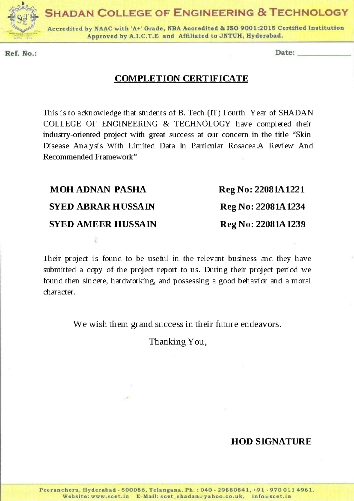 B. Tech (IT) Project Completion Certificate: Disease Analysis Review ...