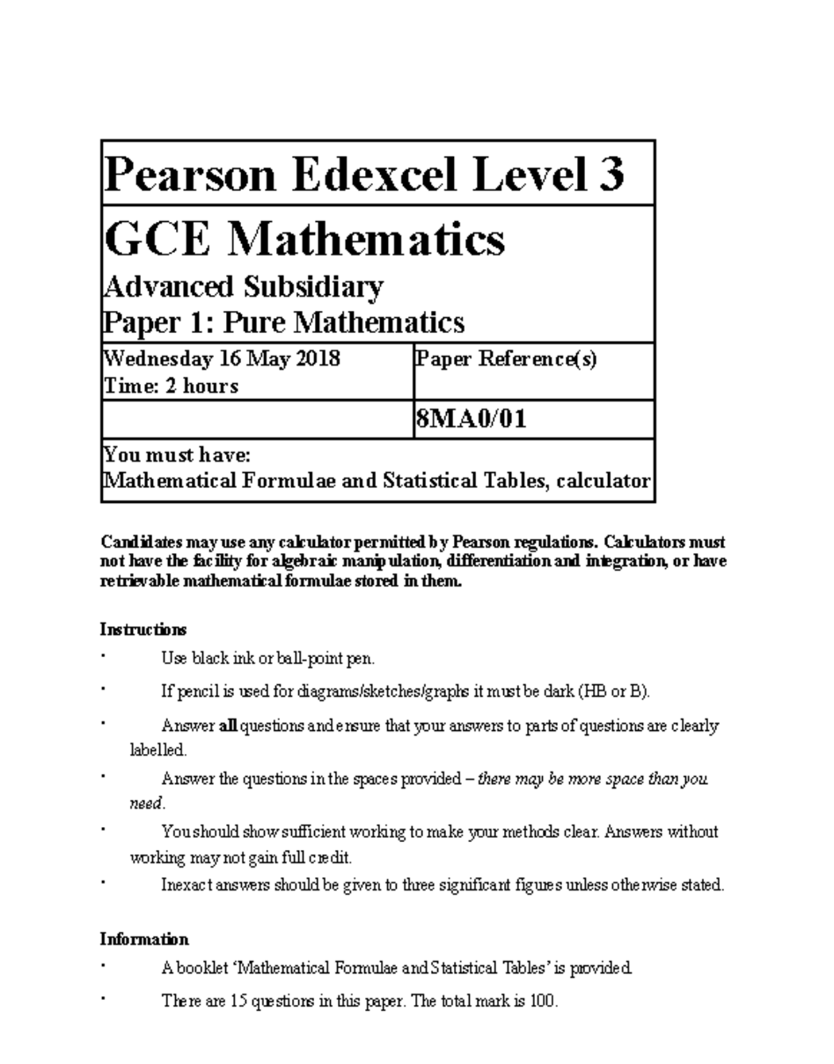 8MA0 01 AS Pure Mathematics Paper 1 Exam May 2018 - Marking Guide - Studocu