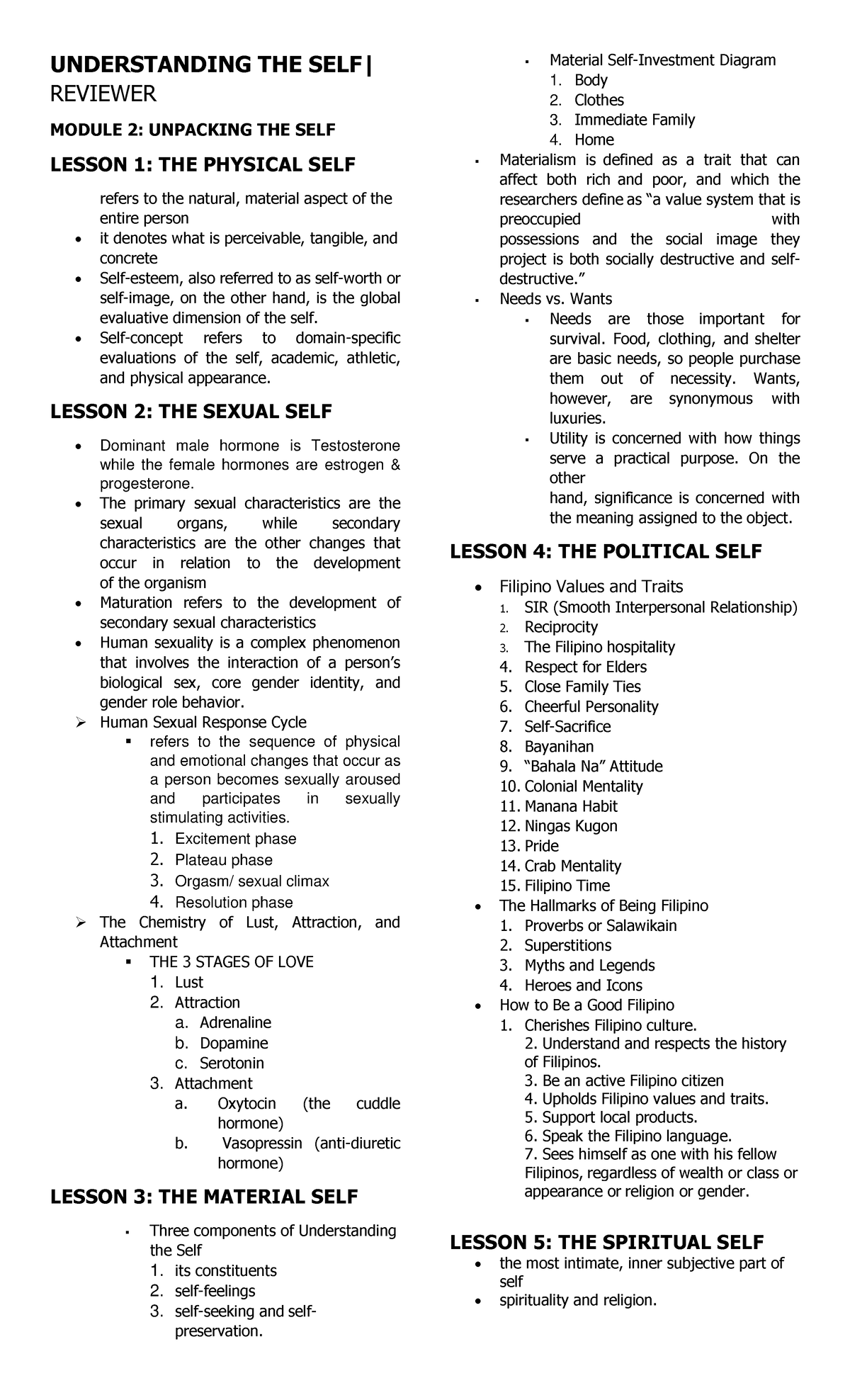 Reviewer Understanding-THE-SELF - UNDERSTANDING THE SELF| REVIEWER MODULE 2: UNPACKING THE SELF ...