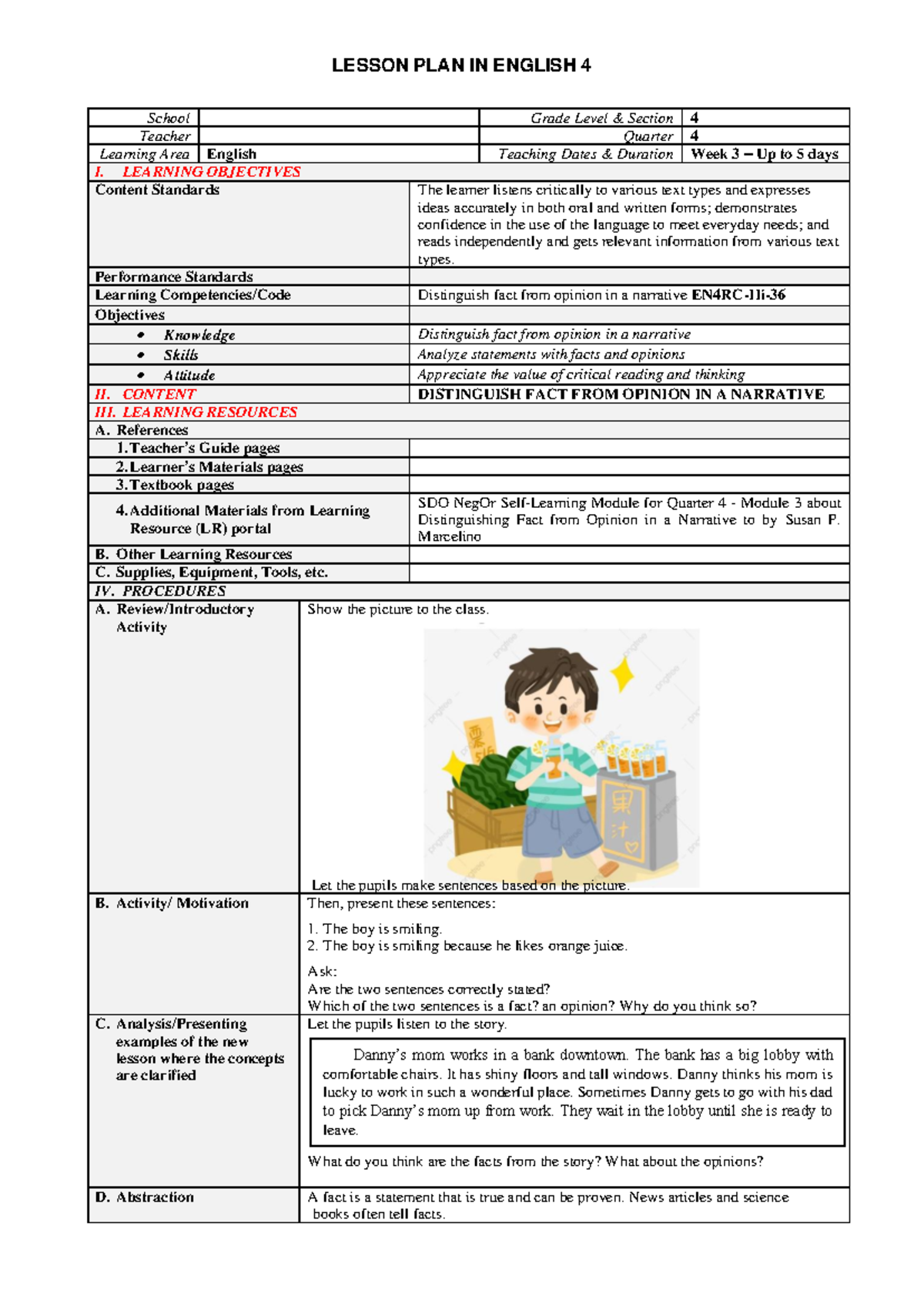 ENGLISH 4 LESSON PLAN: DISTINGUISHING FACT FROM OPINION - Studocu
