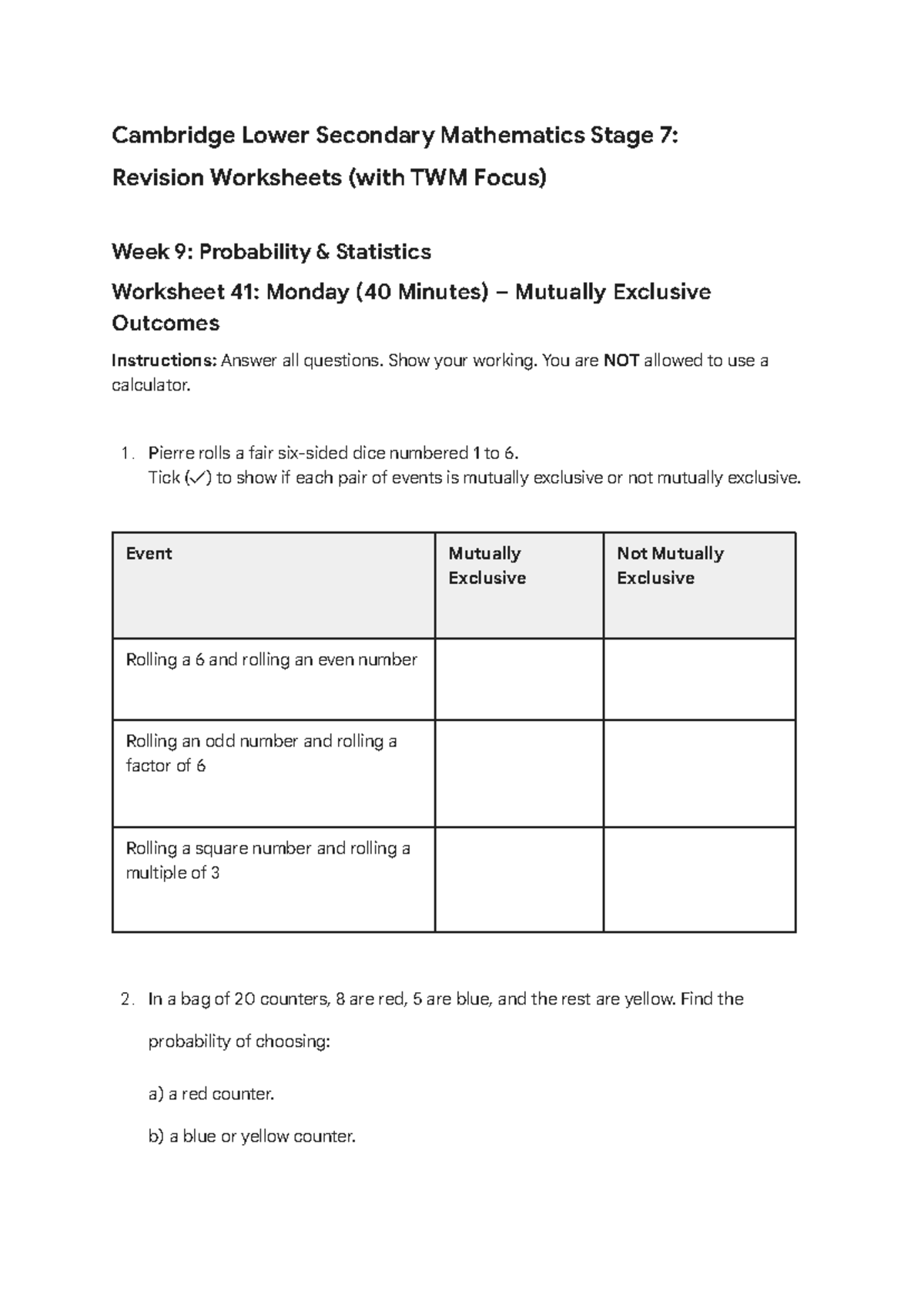 Stage 7 Math Worksheet 41: Probability & Mutually Exclusive Outcomes ...