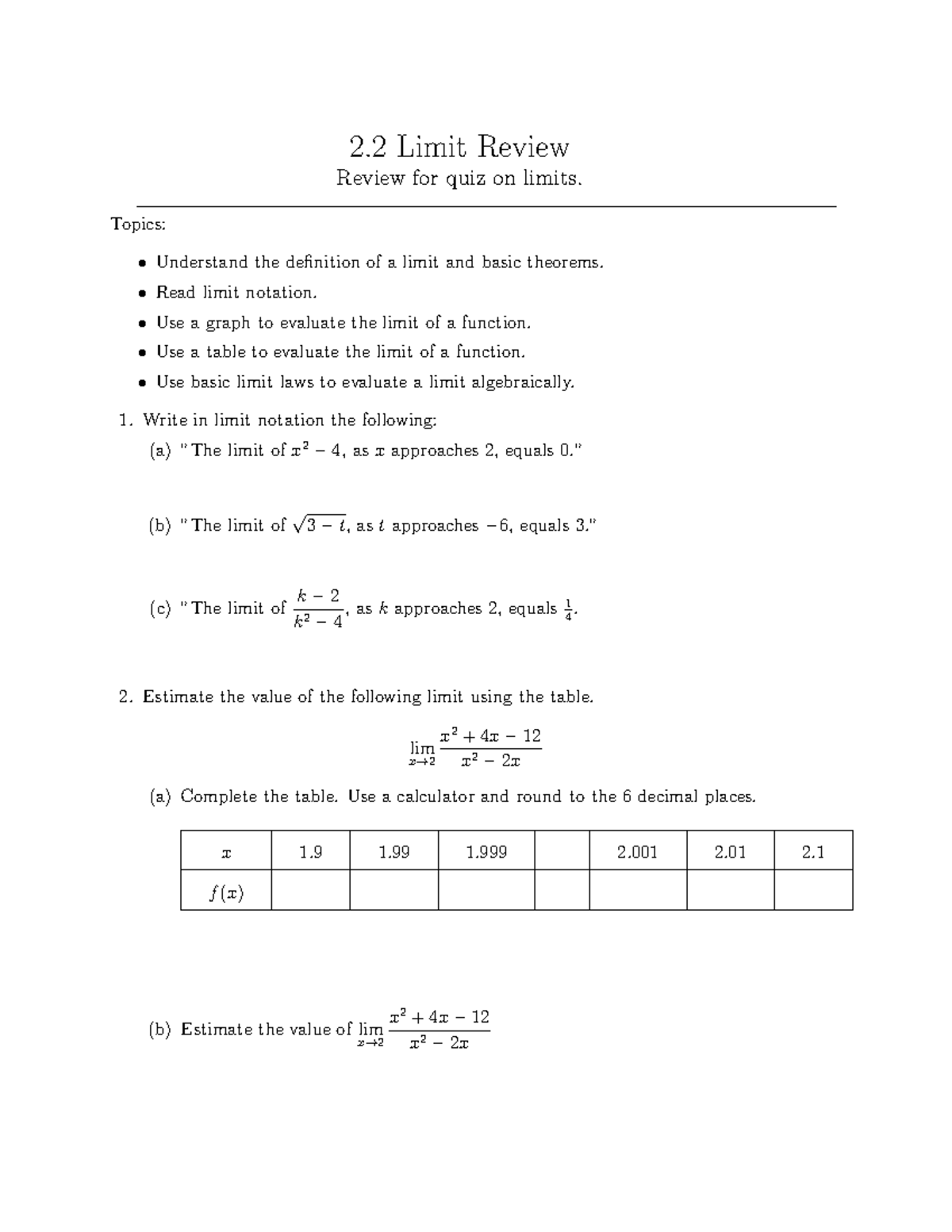 Limits Review Quiz Preparation for Calculus Course - Review for quiz on ...
