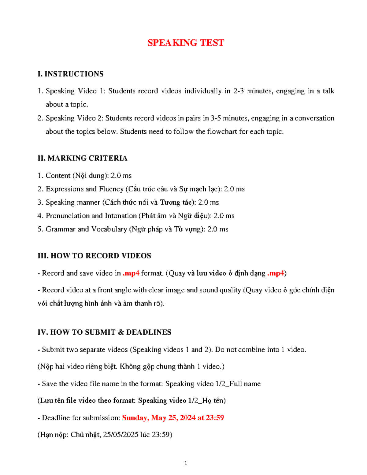 Speaking Test I Instructions & Marking Criteria - B2 - Studocu