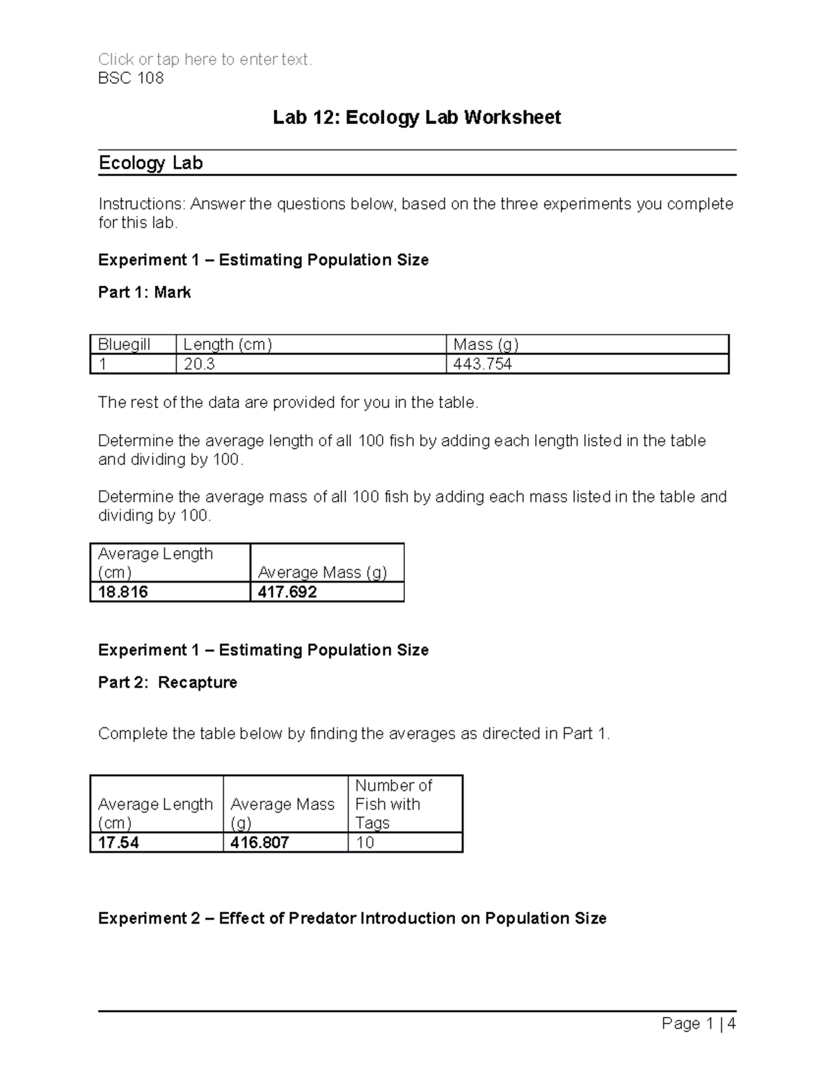 Lab 12 Ecology Worksheet 23 - BSC 108 Lab 12: Ecology Lab Worksheet ...
