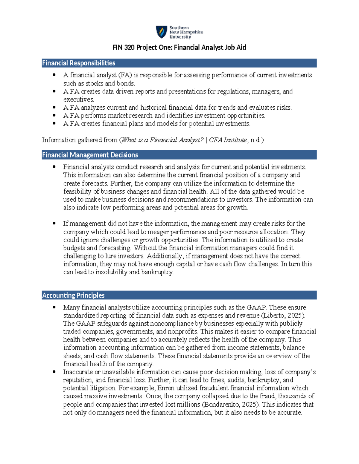 FIN 320 Project One: Financial Analyst Responsibilities & Insights ...