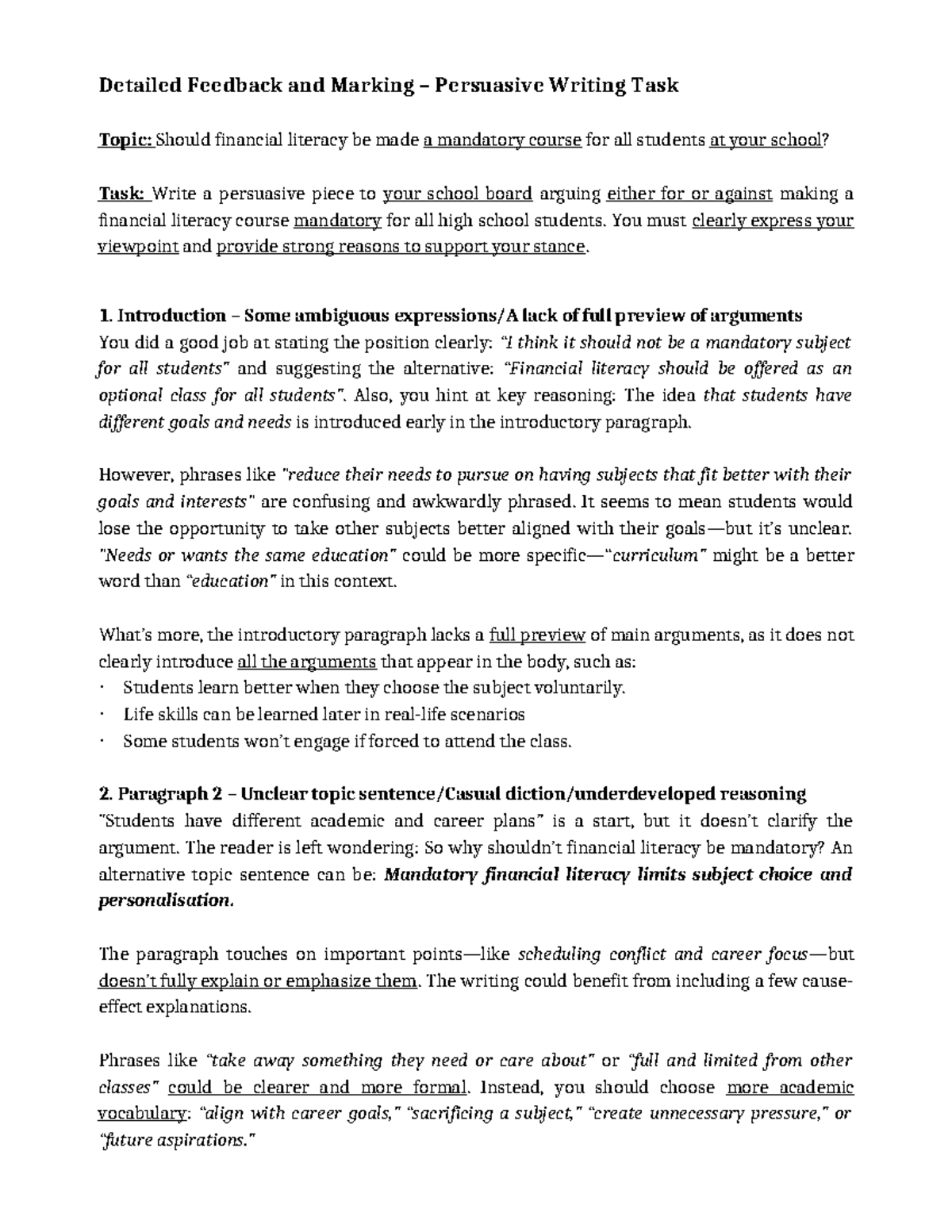 Persuasive Writing Feedback: Financial Literacy Course Debate - Studocu
