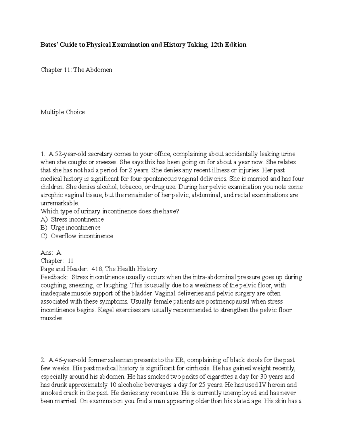 Bates Guide to Physical Exam - The Abdomen Chapter Quiz Questions - Studocu