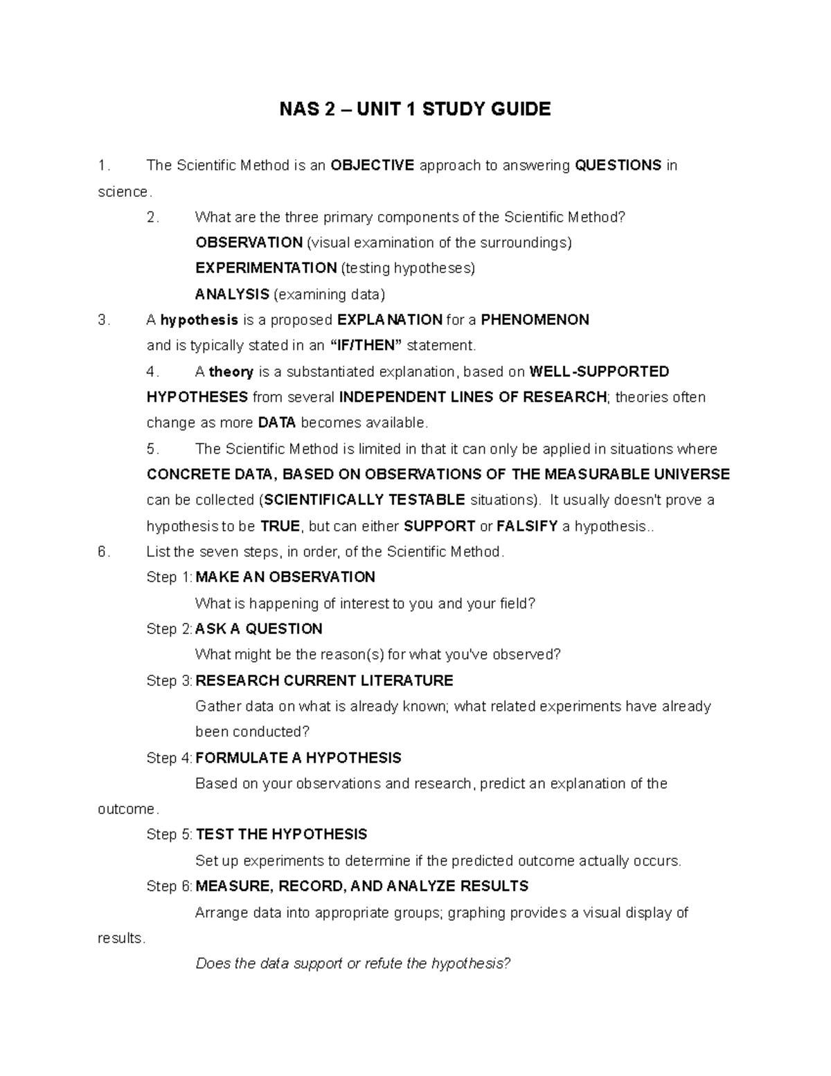 NAS 2 – Unit 1 Study Guide: The Scientific Method and Experiment Design ...