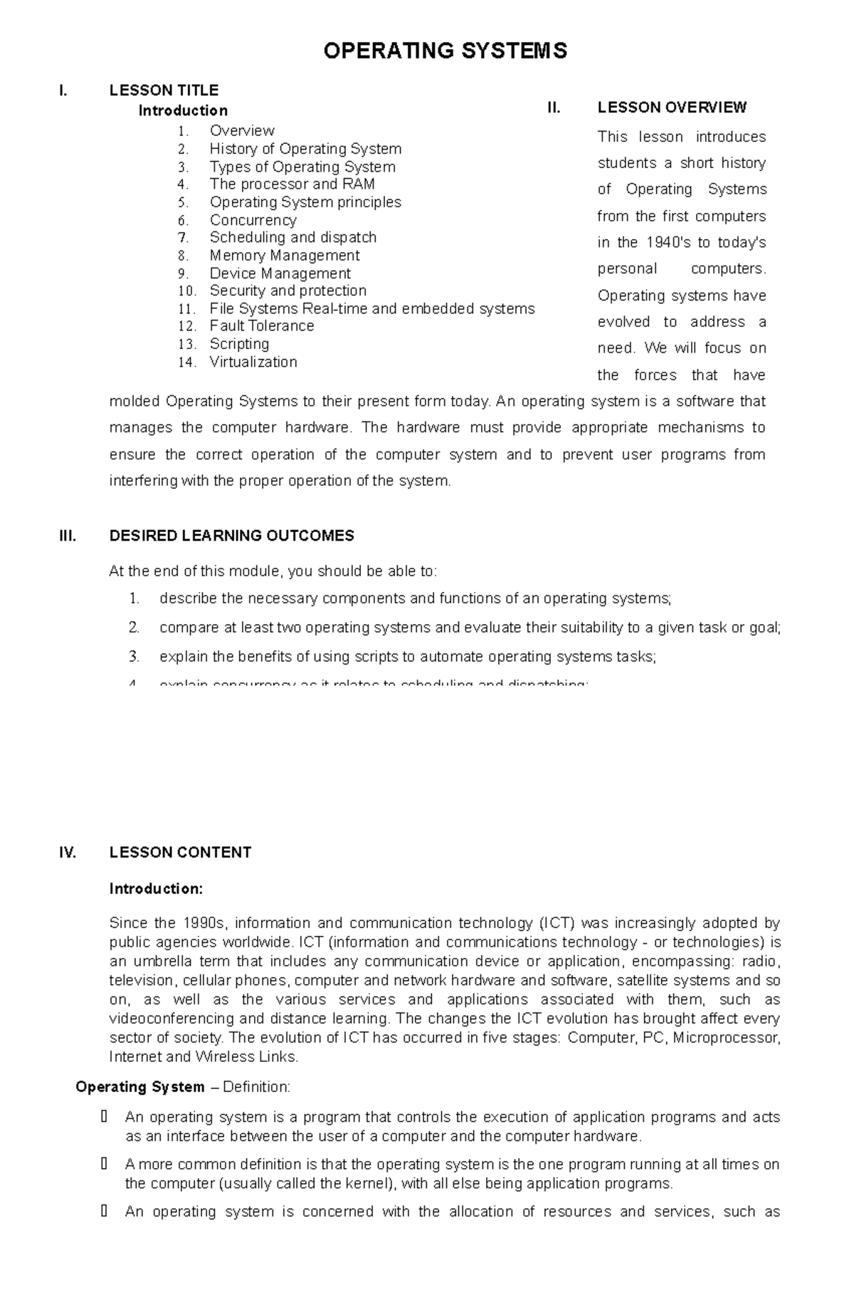 Operating Systems Lesson Overview: Historical Evolution and Functionality - Studocu