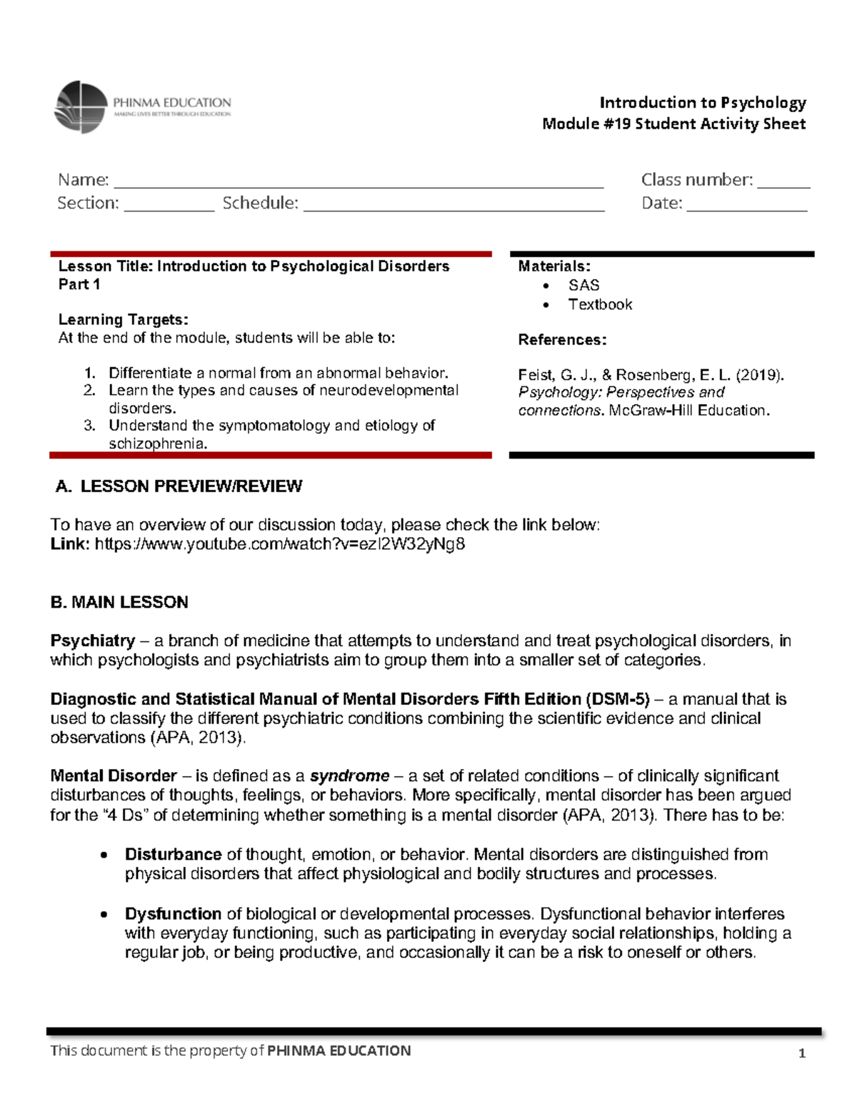 SAS Module 19: Intro to Psychological Disorders - Part 1 Notes - Studocu