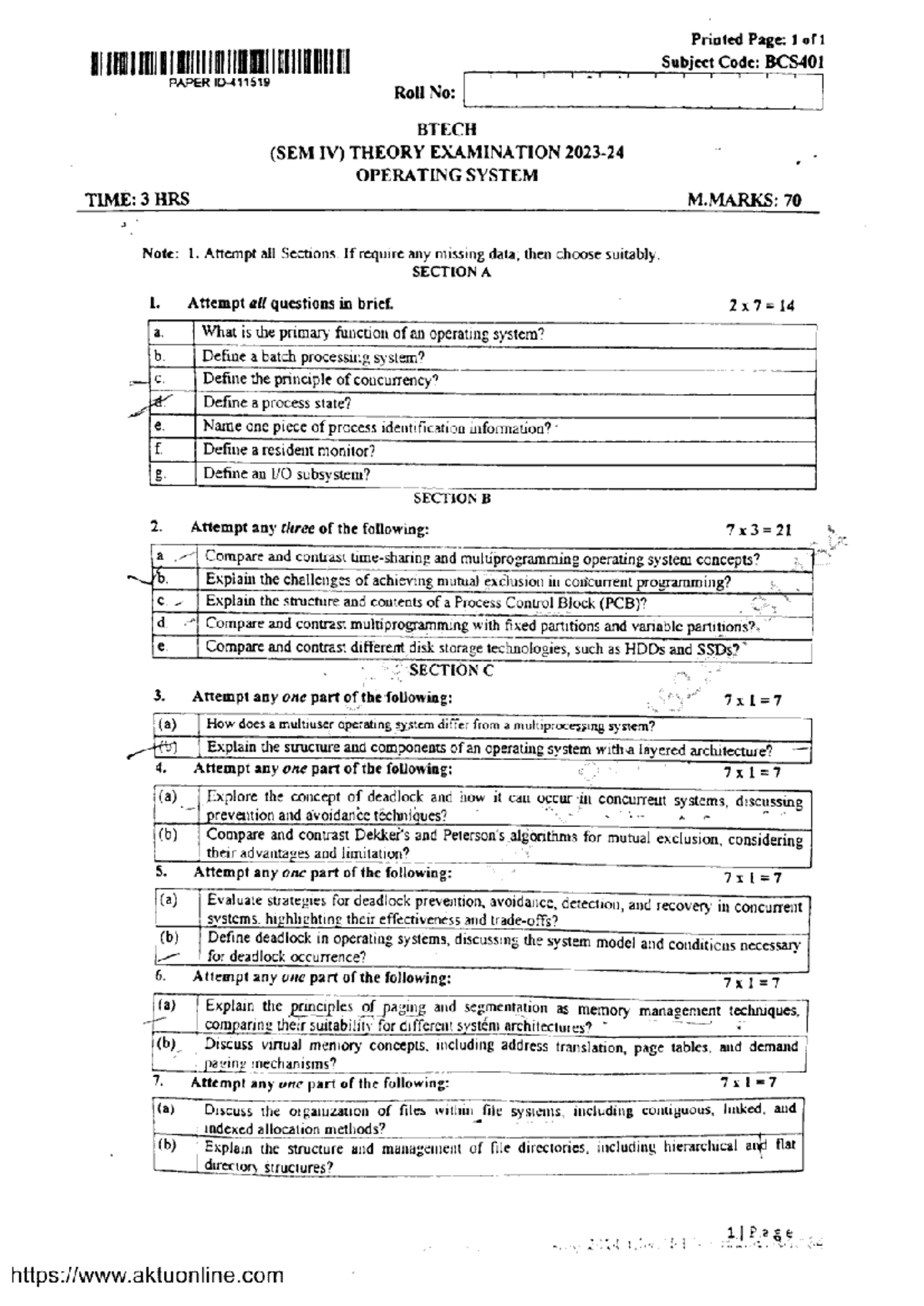 Btech cs 4 sem operating system bcs401 aug 2024 - Printed Page: 1 of 1 Subject Code: BCS401 ...