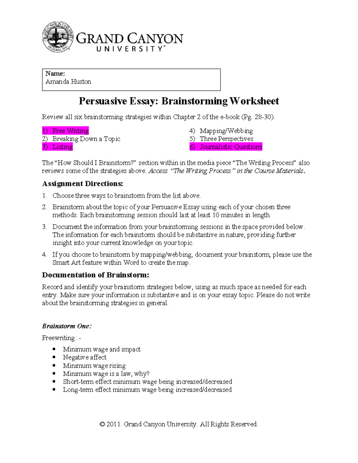 Persuasive Essay Brainstorm Sheet on Minimum Wage Laws - Studocu