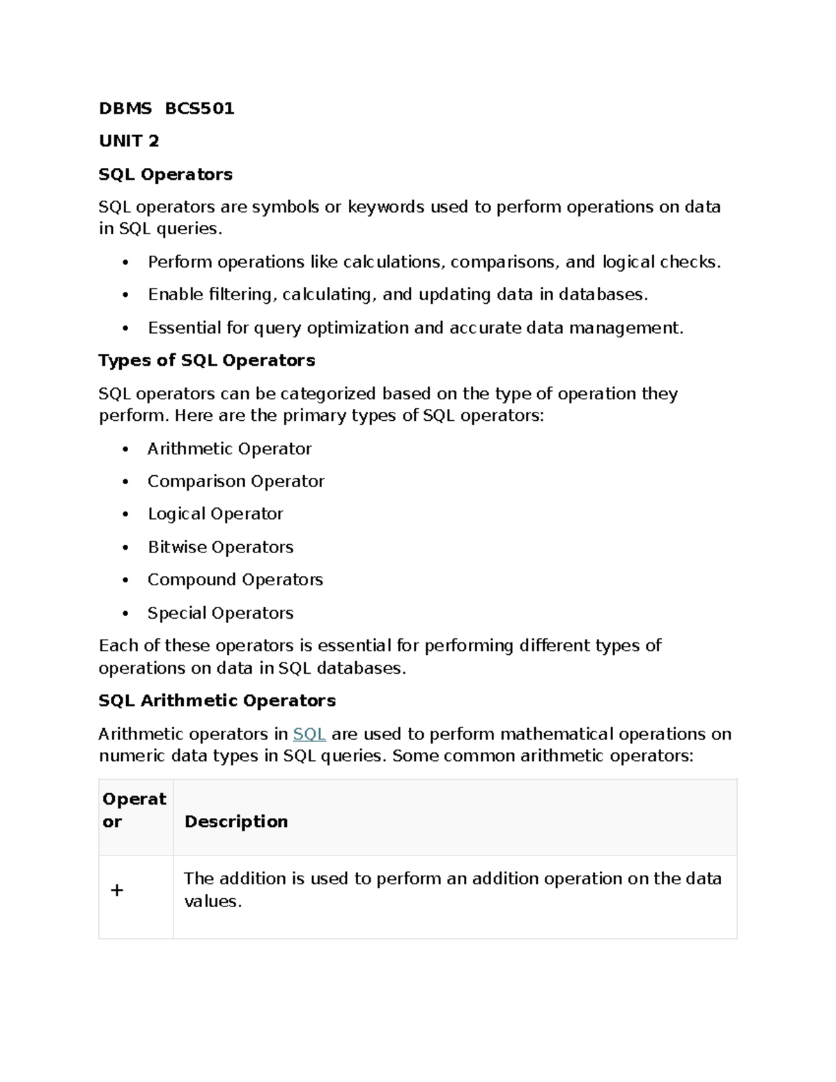 DBMS BCS501 UNIT 2 SQL Operators and Their Procedures - Studocu