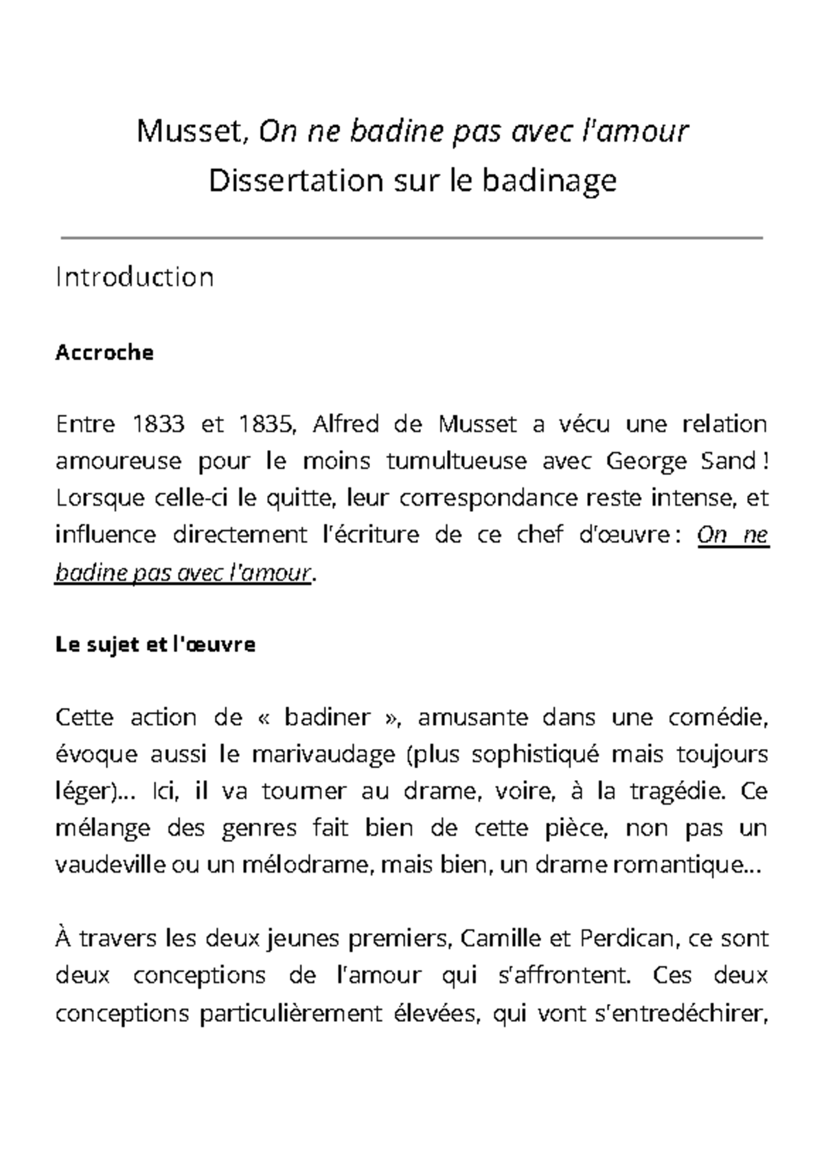 Musset, On ne badine pas avec l'amour - Dissertation Analyse et Interprétation - Studocu