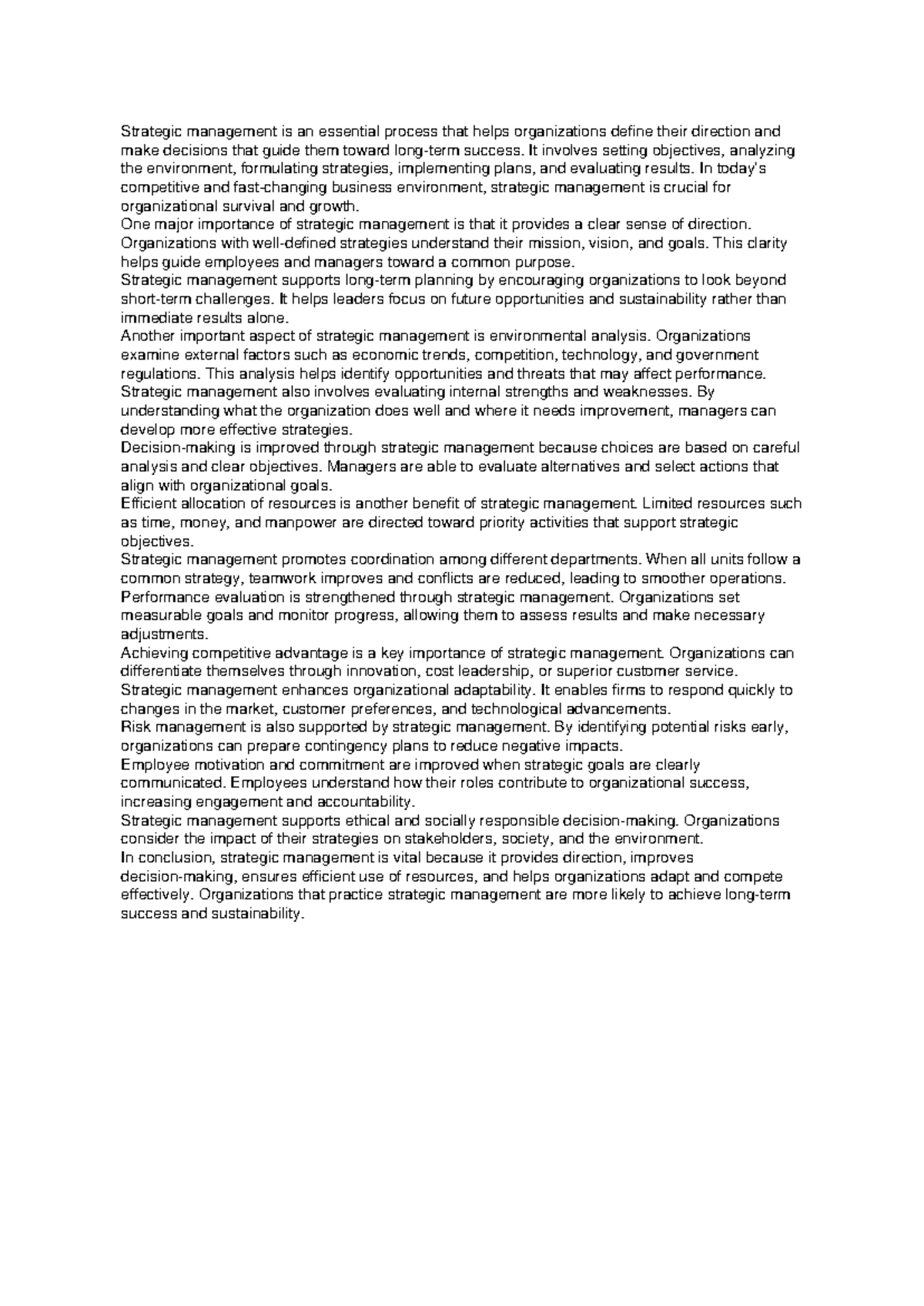 Importance of Strategic Management Essay (BUS 101) - Studocu
