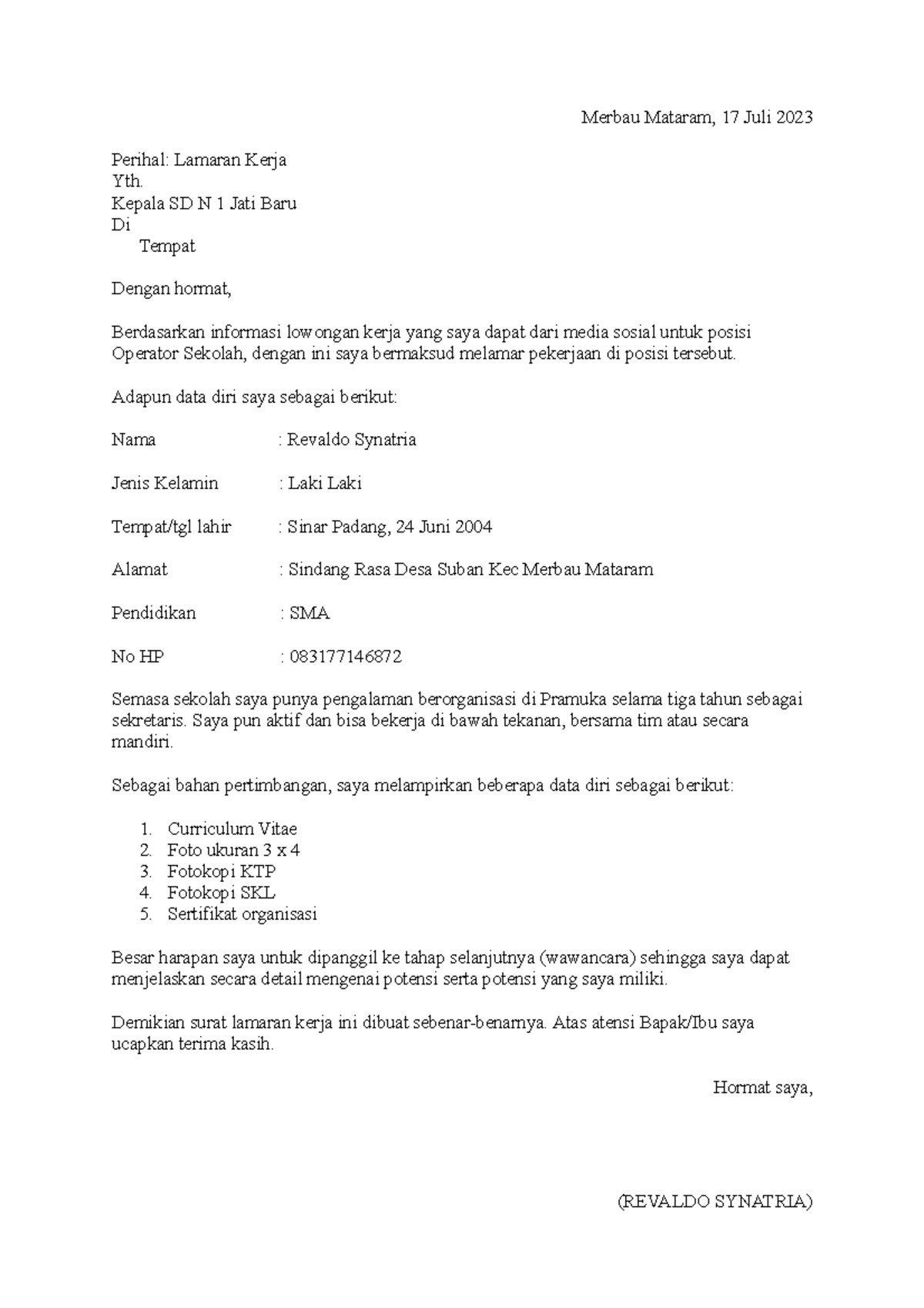 Surat Lamaran Kerja Posisi Operator Sekolah - Contoh Format Word - Studocu