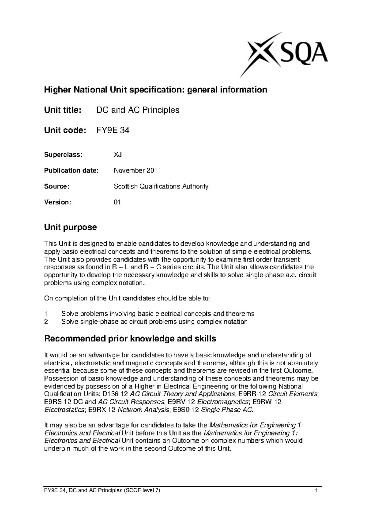 FY9E 34 - DC and AC Principles Course Overview (SCQF Level 7) - Studocu