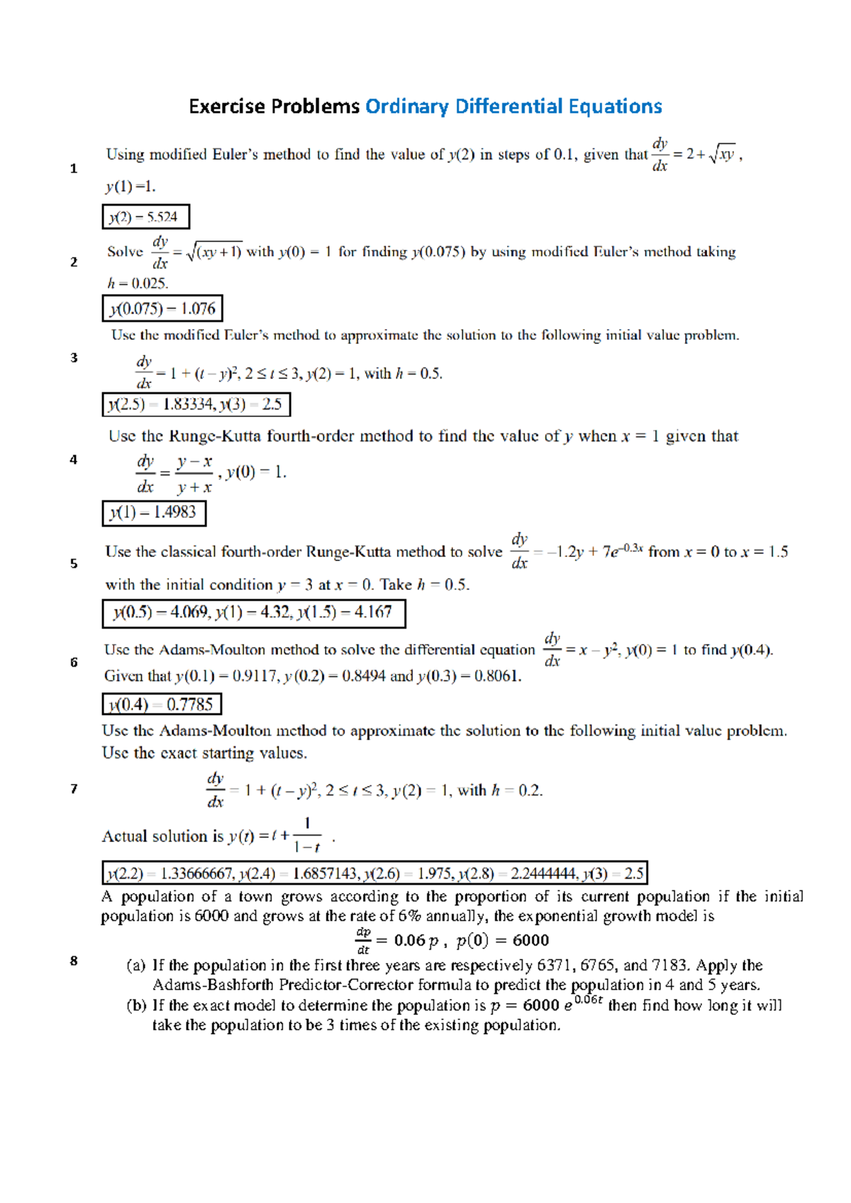 Exercise Problems: ODE Practice for Differential Equations (ODE) - Studocu