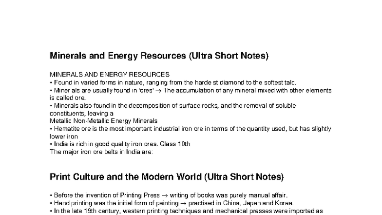 Ultra Short Notes on Minerals and Energy Resources - Class 10th - Studocu