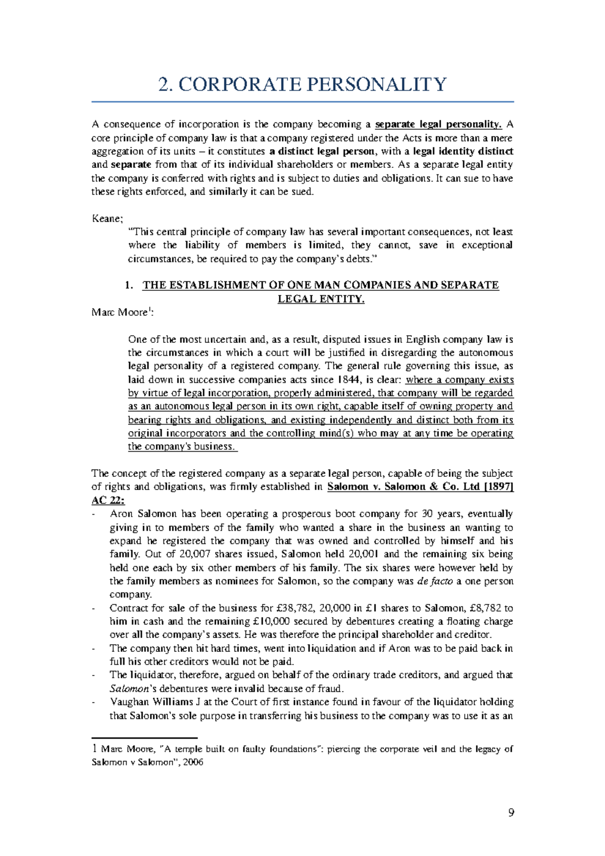 2. Corporate Personality and the Distinction of Separate Legal Entity ...