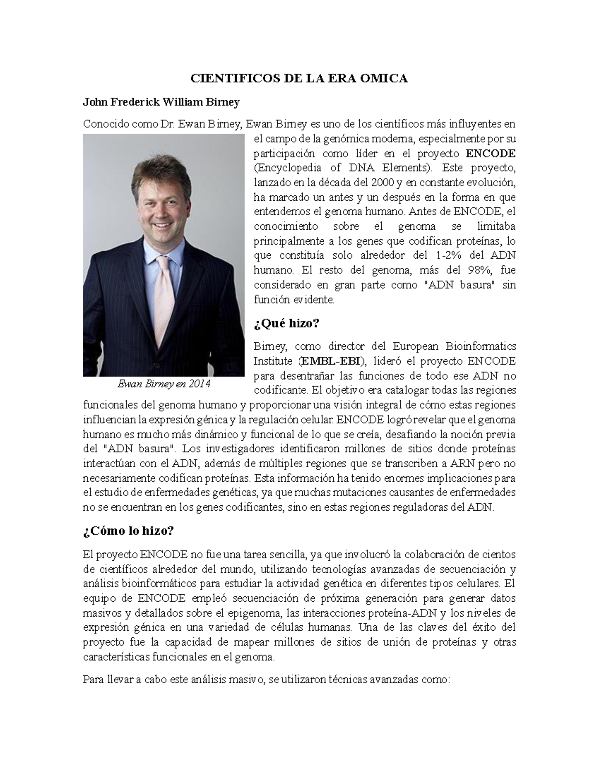 Estudio sobre Dr. Ewan Birney y el Impacto del Proyecto ENCODE - Studocu