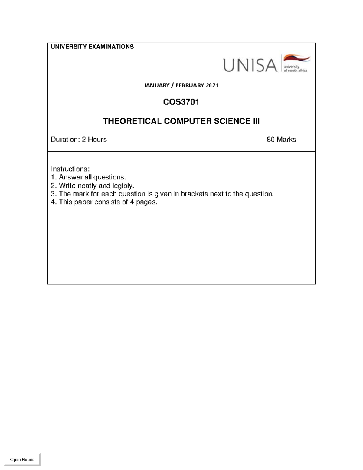 COS3701 Final Exam Jan-Feb 2021: Theoretical Computer Science - Studocu
