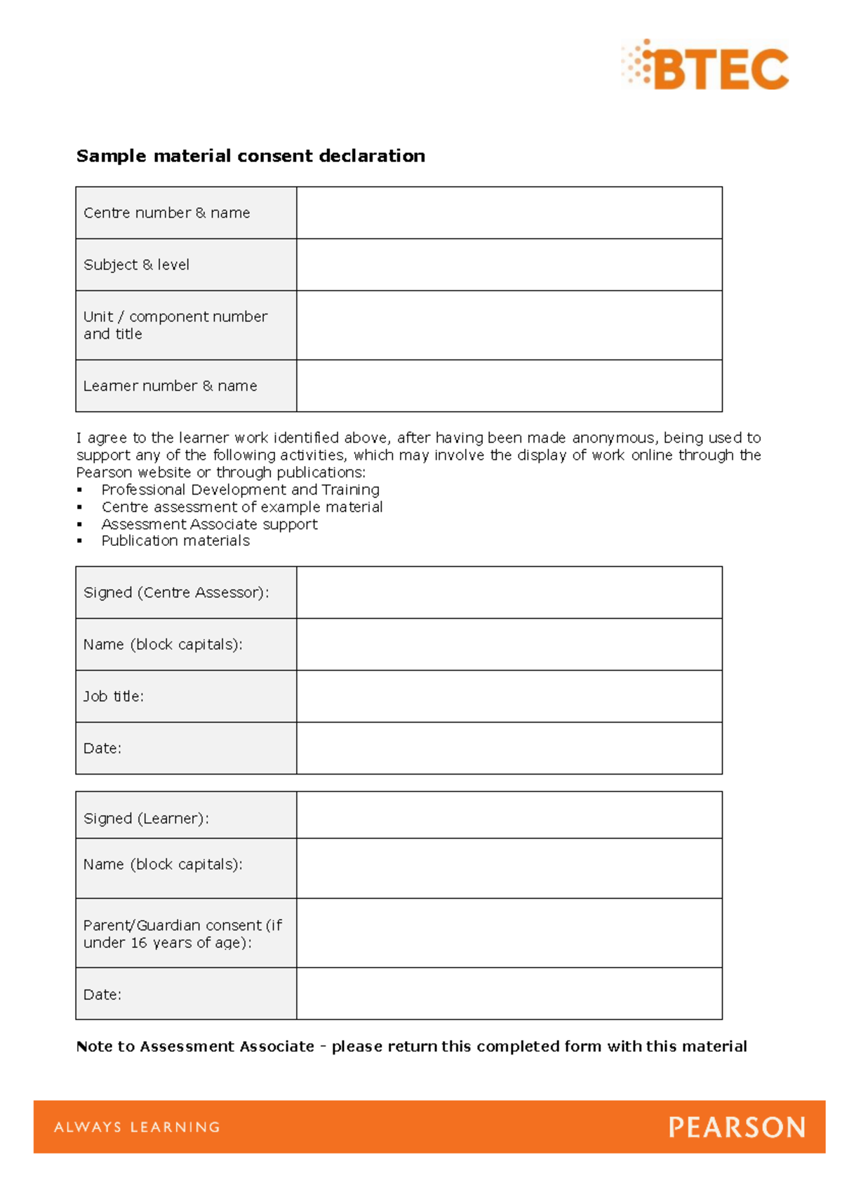 BTEC Learner Consent Form for Material Usage Approval - Studocu