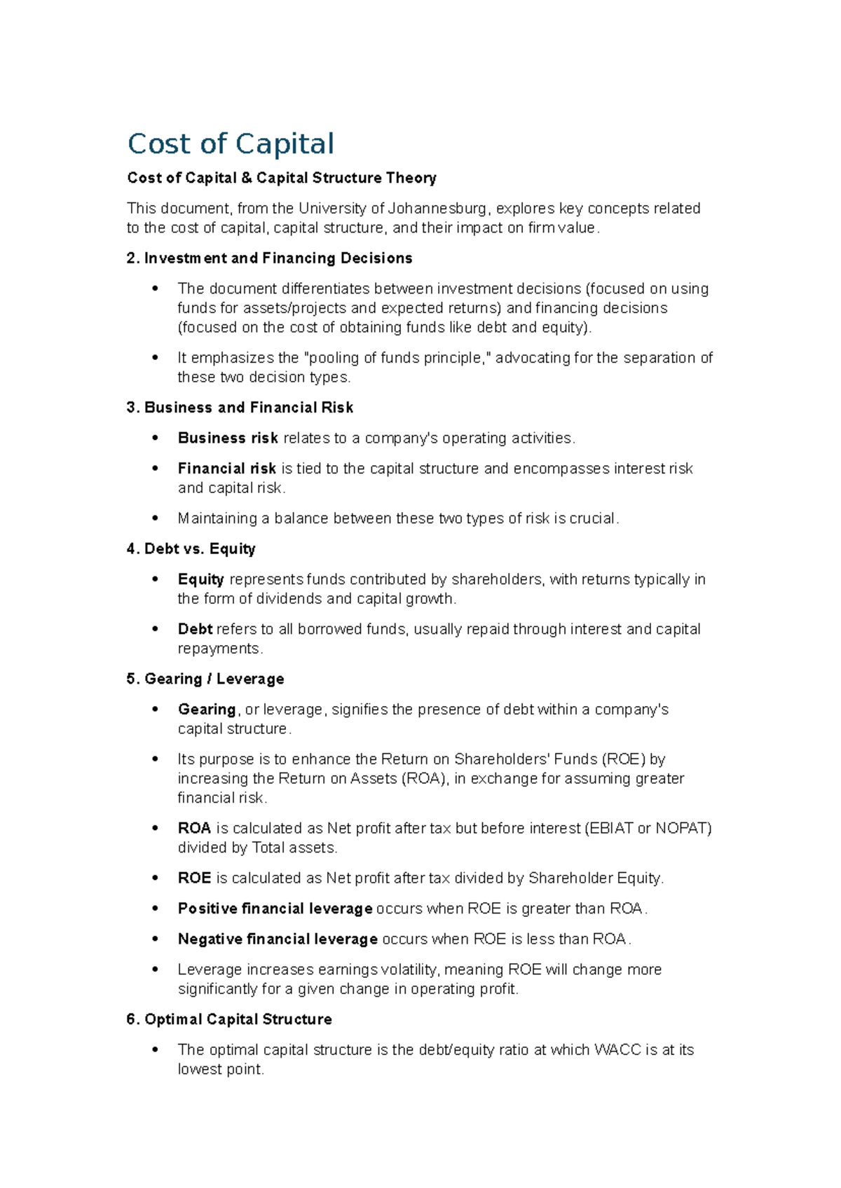 Cost of Capital and Capital Structure Theory - UJ Lecture Notes - Studocu