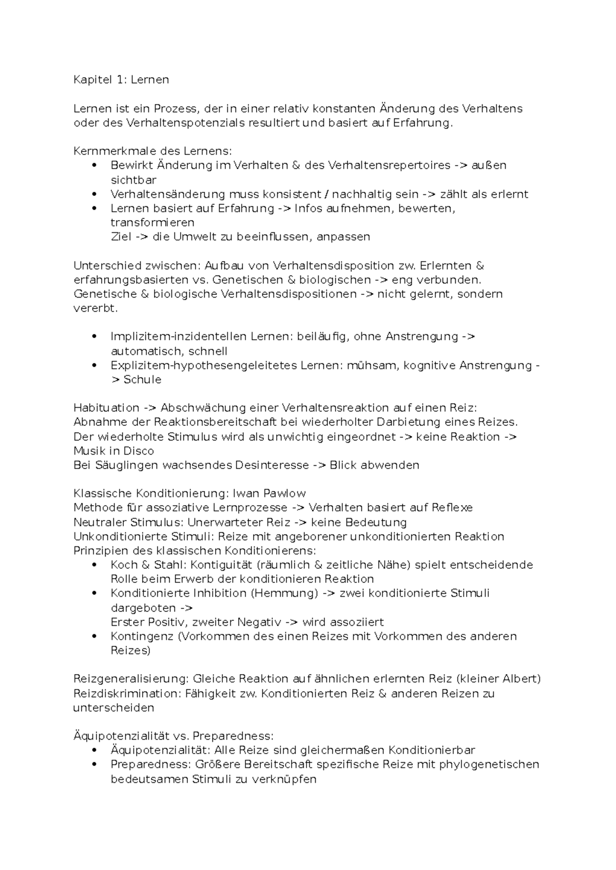 Allgemeine Psychologie - Begriffe - Kapitel 1: Lernen Lernen ist ein Prozess, der in einer ...