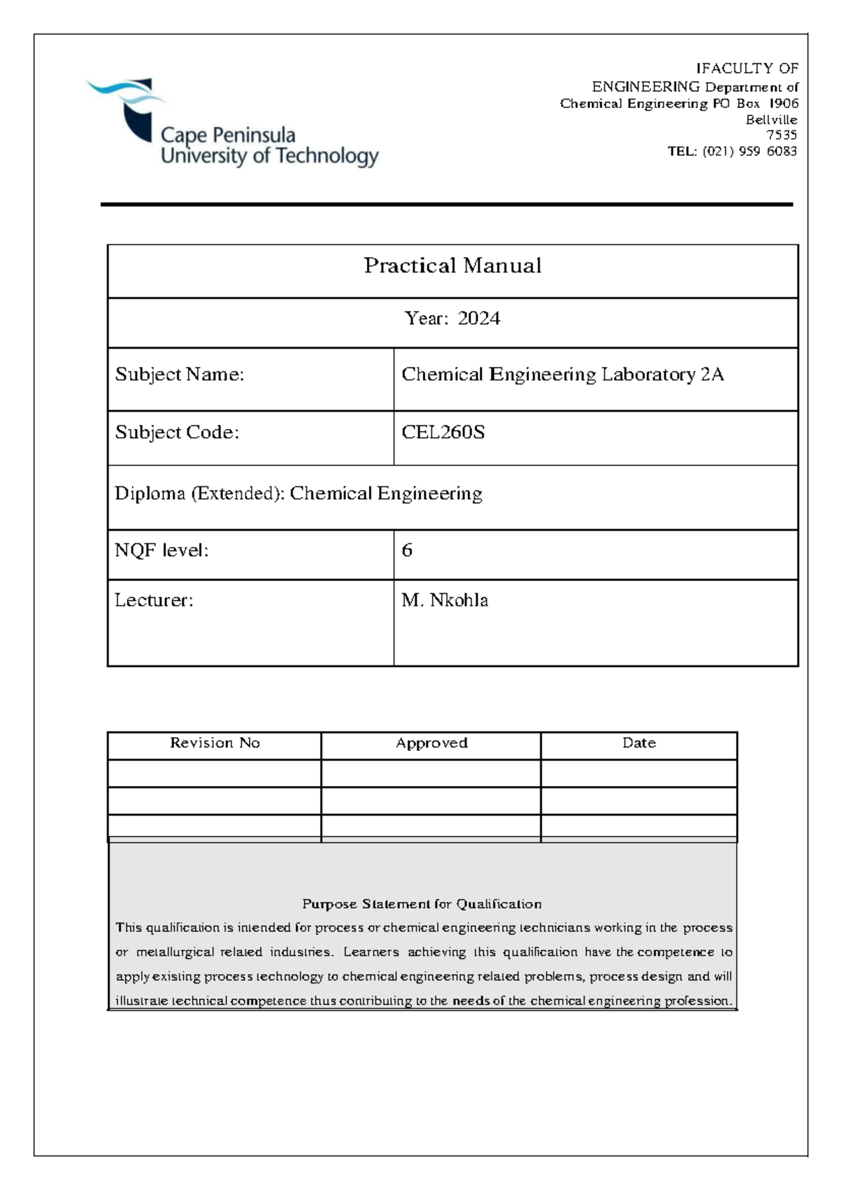 2025 Practical Manual for CEL260S: Chemical Engineering Lab 2A - Studocu