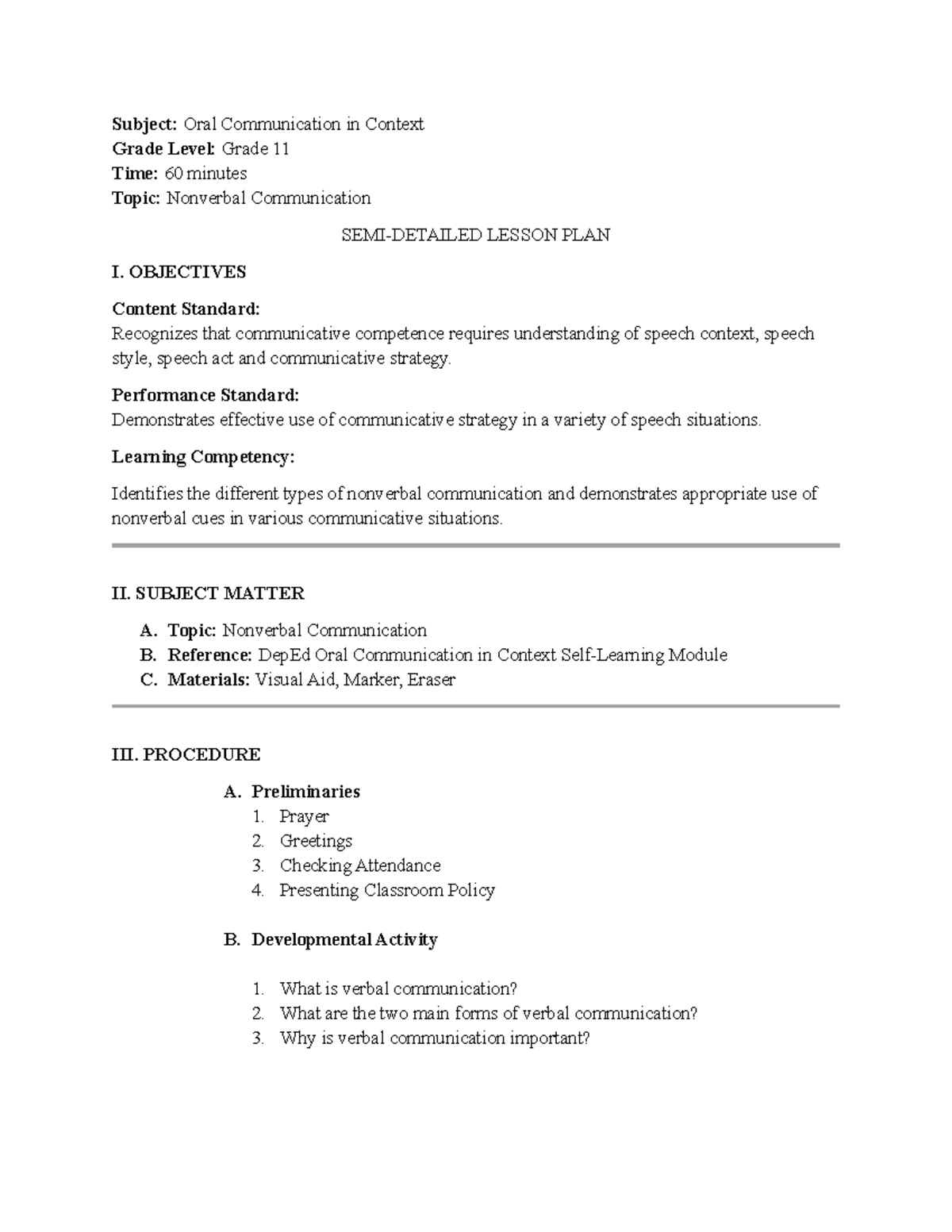 Lesson Plan for Nonverbal Communication (HSCFL) - Studocu