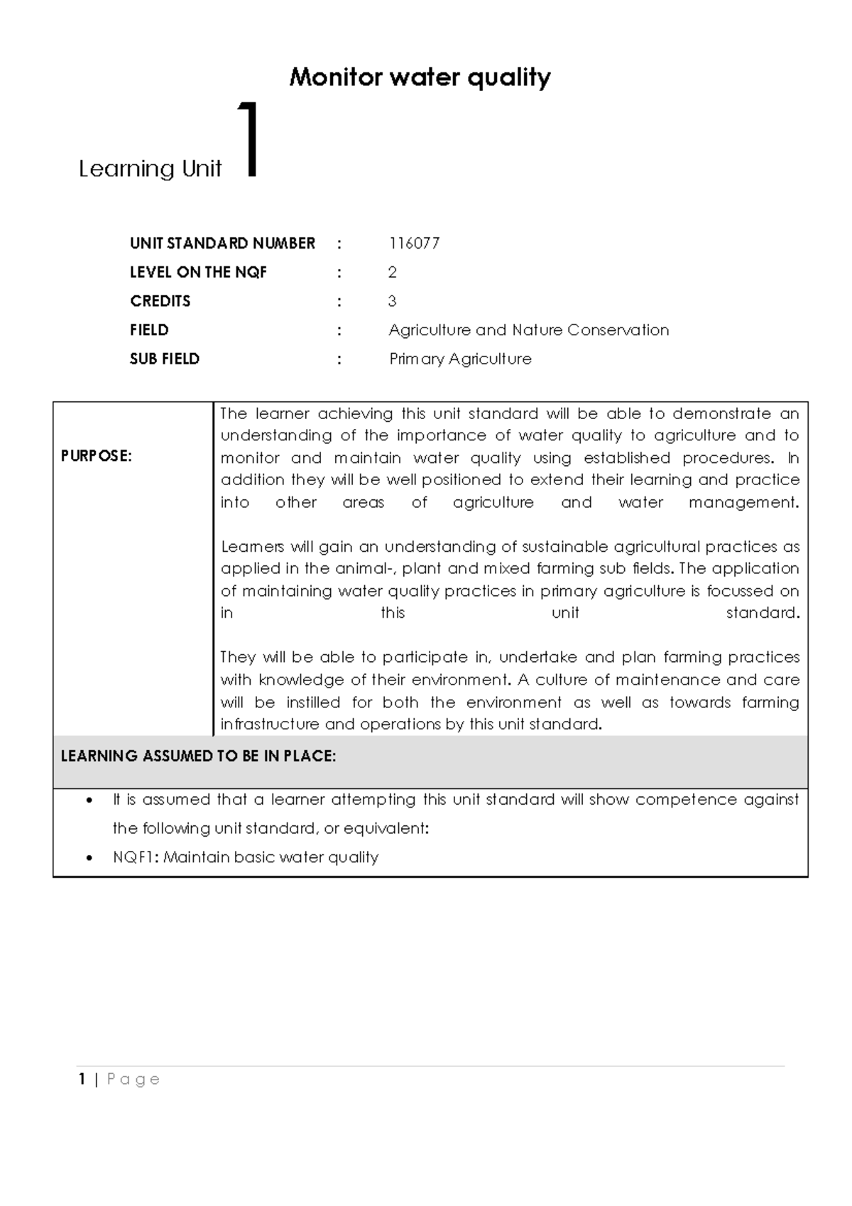 Monitor Water Quality - Agriculture Notes (NQF Level 2, Unit 116077 ...