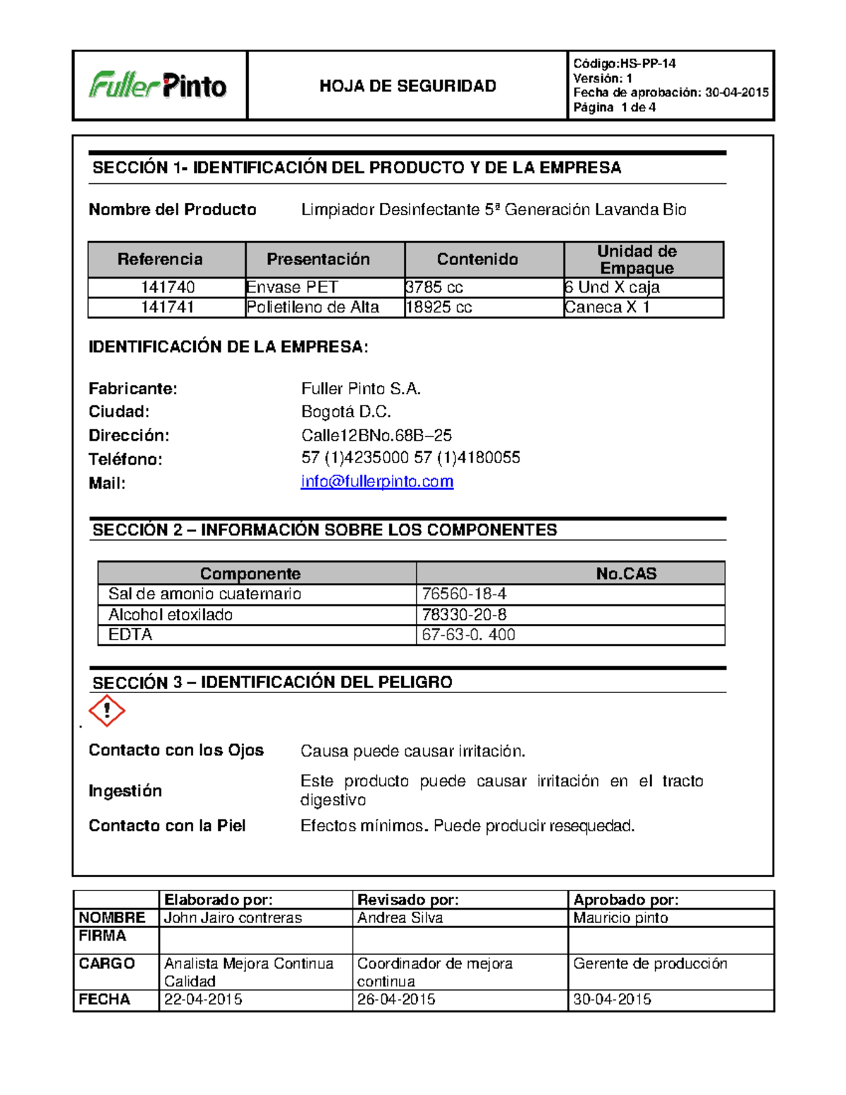 Hoja de Seguridad 493353607: Limpiador Desinfectante 5ª Gen. Lavanda ...