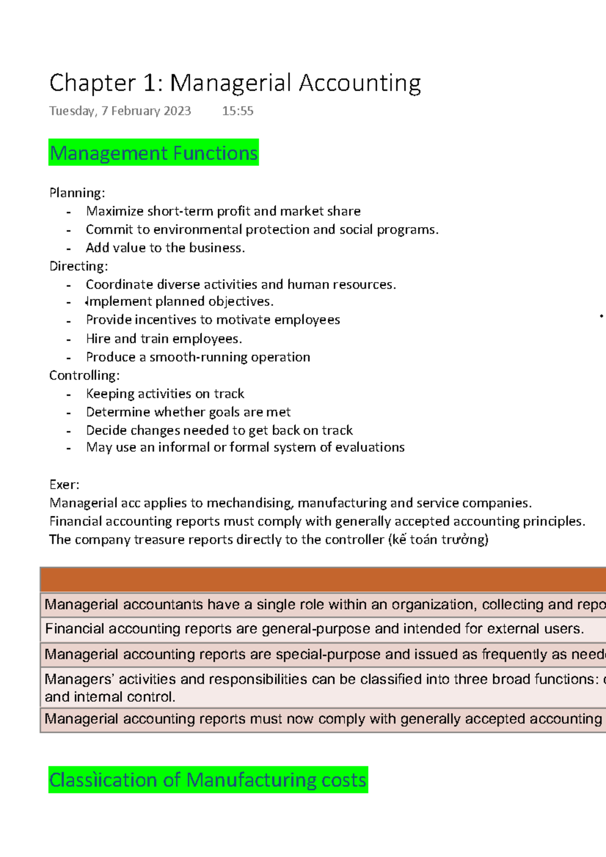 Chapter 1 Managerial Accounting - Management Functions Planning ...