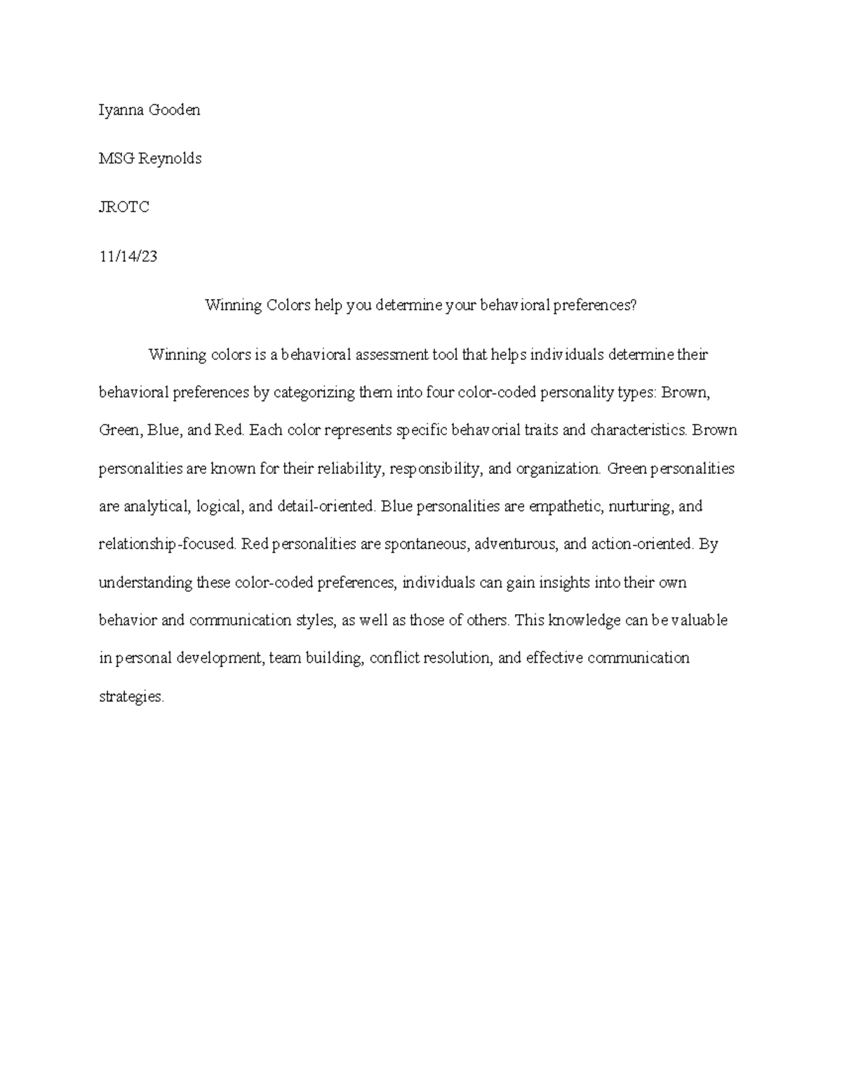 JROTC Winning Colors Behavioral Assessment Overview - Studocu