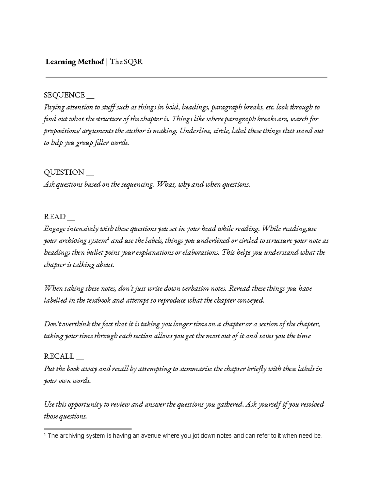 Learning Method: SQ3R Sequence for Effective Study Techniques - Studocu