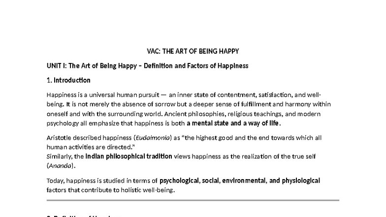 VAC: The Art of Being Happy - Unit I Overview and Key Concepts - Studocu