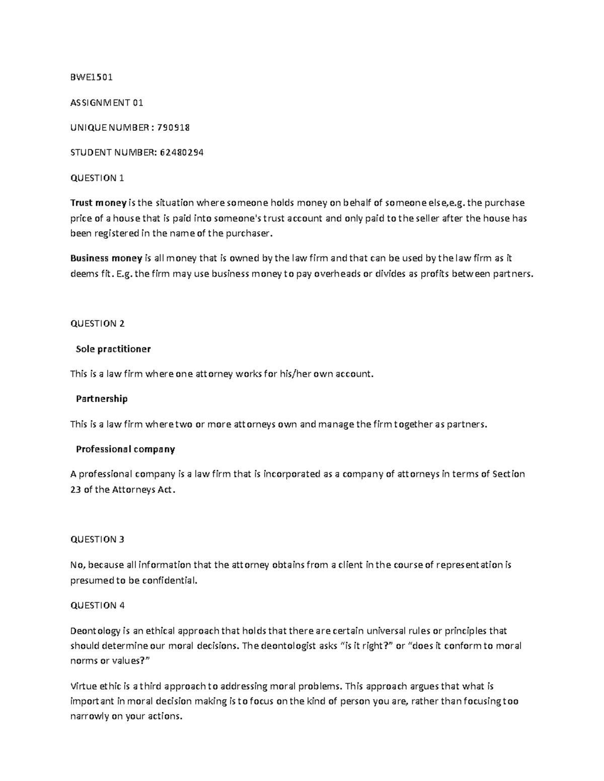 BWE1501 - Assignment 01: Trust Money, Legal Structures & Ethics - Studocu