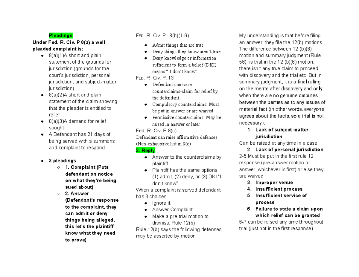 Civ Pro outline: Understanding pleadings under Fed. R. Civ. P. 8(a) and 12(b) - Studocu
