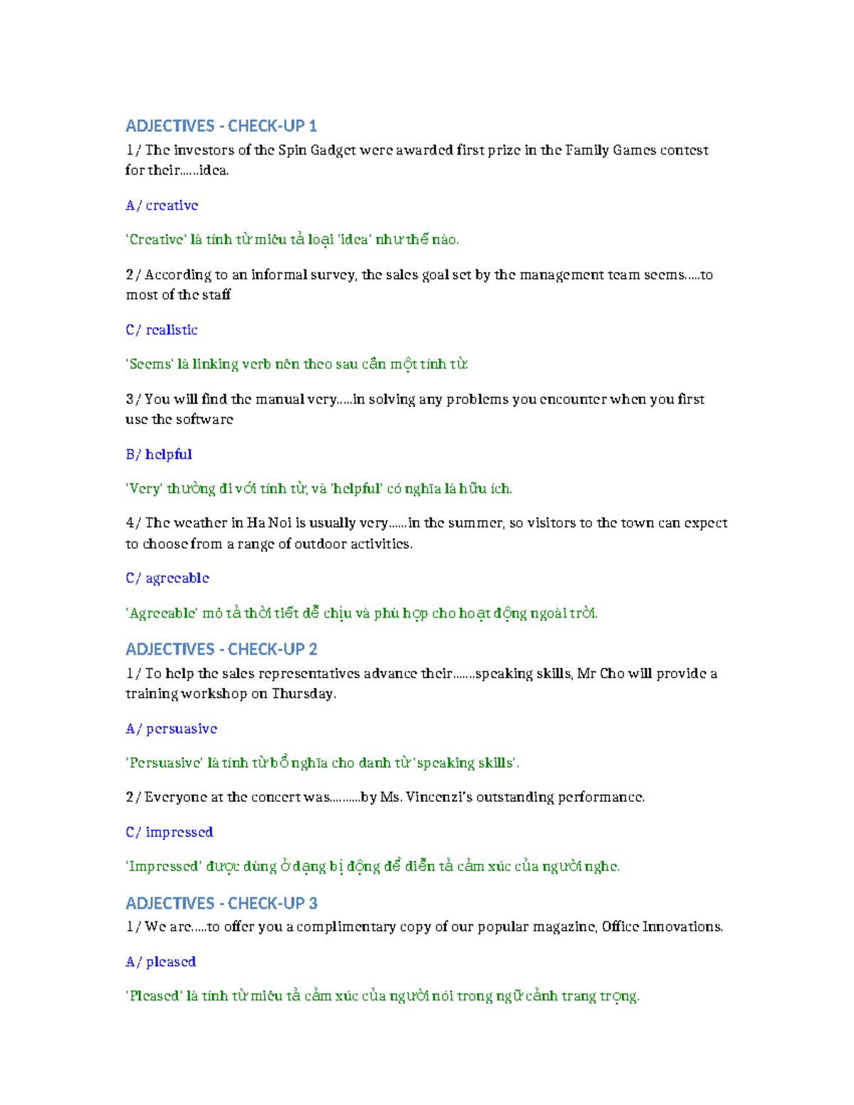 Bản sao Toeic Adjective Practice Complete - ADJECTIVES - CHECK-UP 1 1/ The investors of the Spin ...