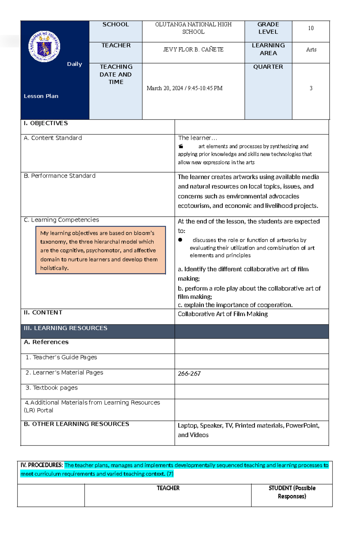 Film - G10-3Q - Comprehensive Lesson Plan on Collaborative Arts - Studocu